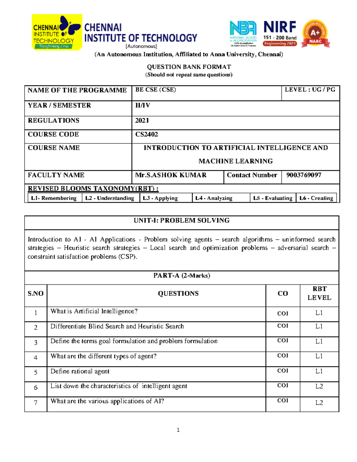 AIML Question bank - (An Autonomous Institution, Affiliated to Anna ...