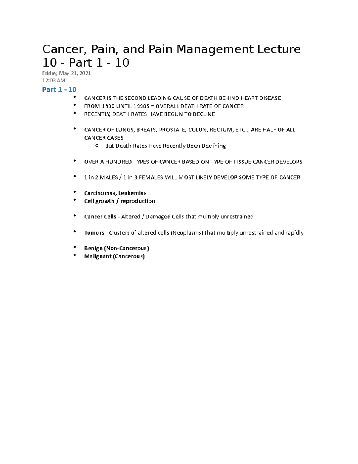 Cancer, Pain, and Pain Management Lecture 10 - Part 1 - 10 - .. ARE ...