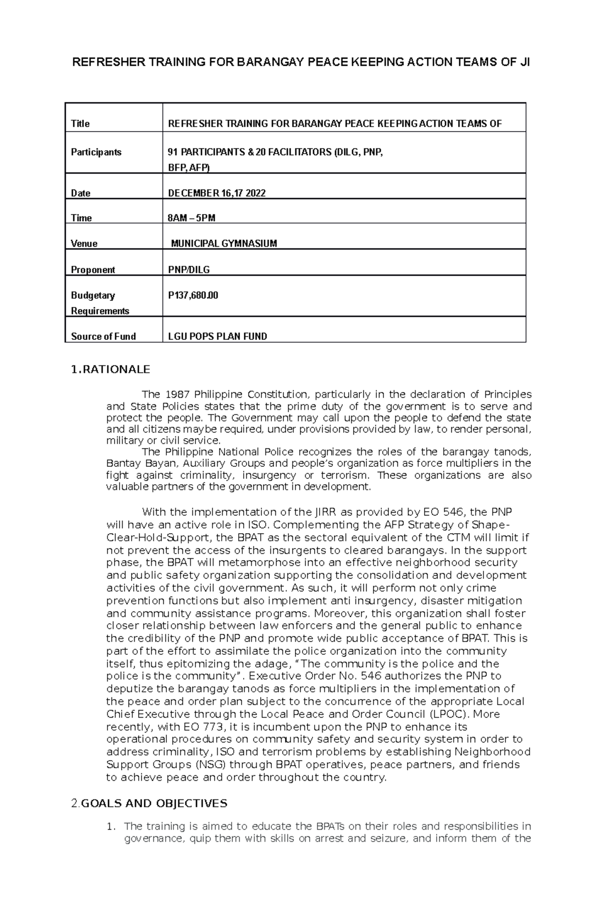 Bpats - training design - REFRESHER TRAINING FOR BARANGAY PEACE KEEPING ...