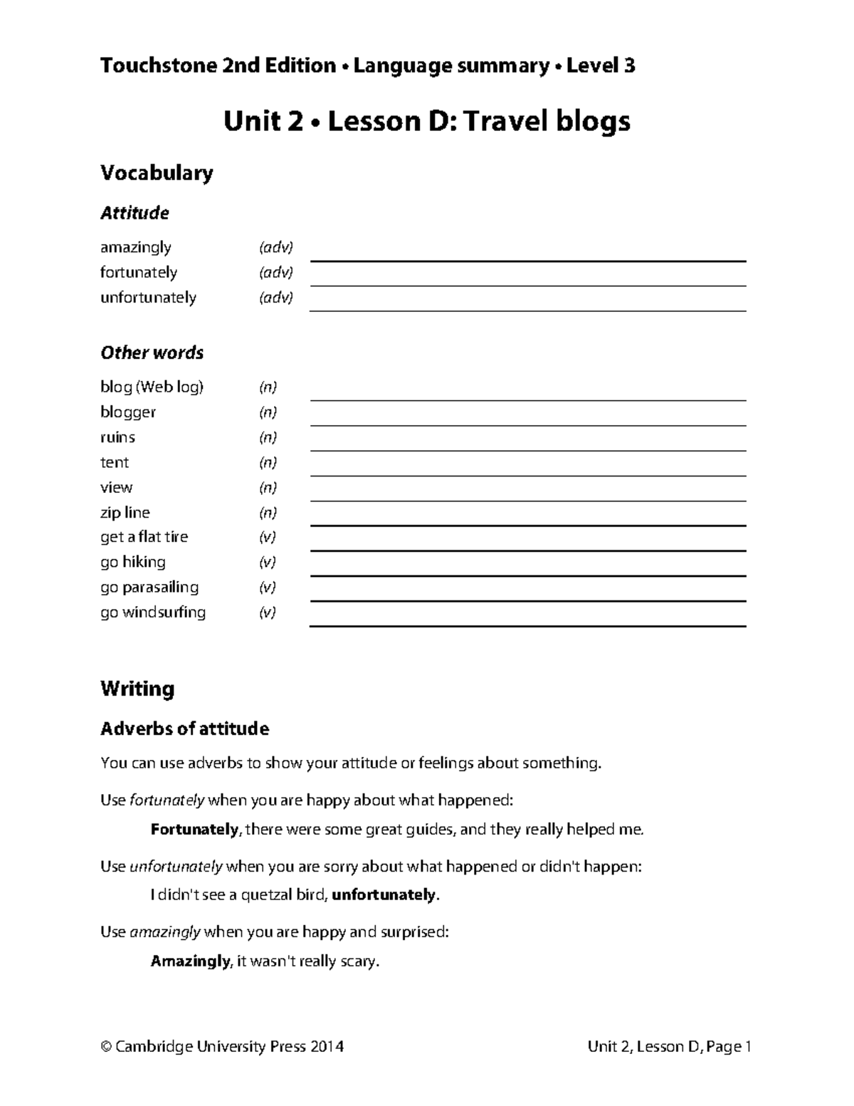 Unit 2 • Lesson D - ingl - Touchstone 2nd Edition • Language summary • Level 3 Unit 2 • Lesson D ...