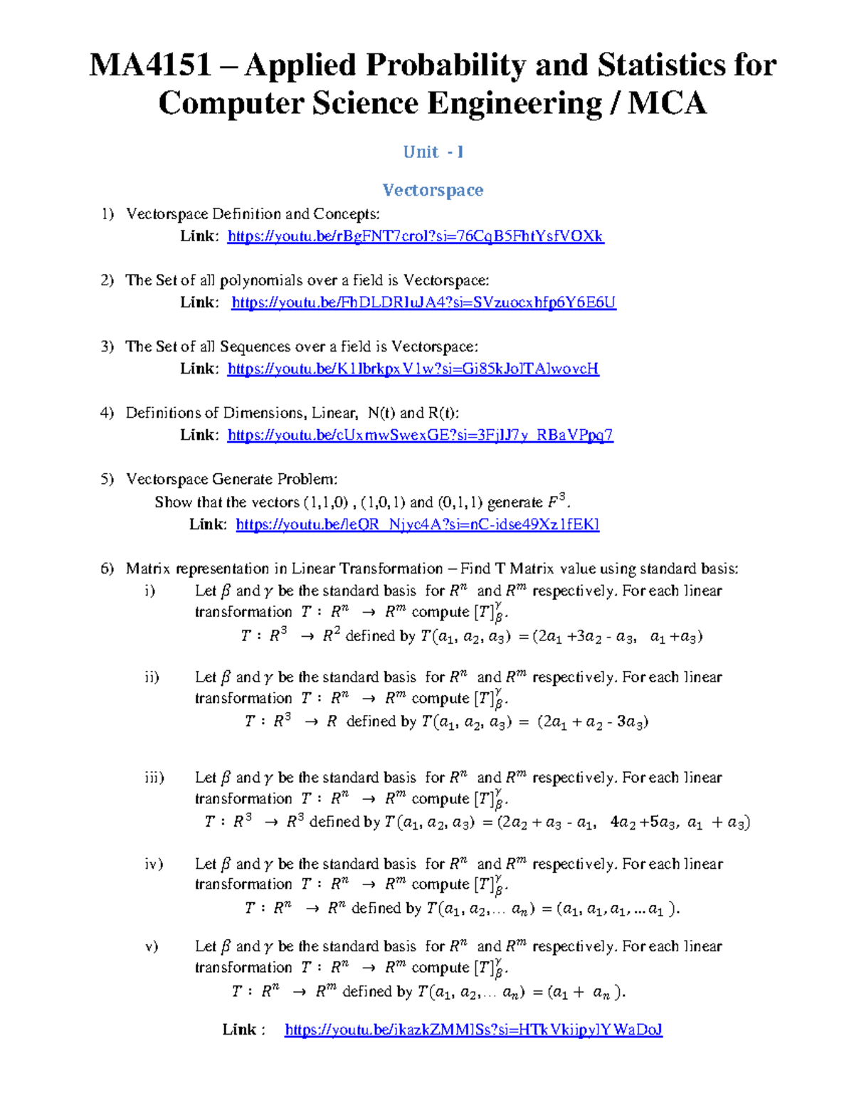 MA4151 - Unit 1 - MA4151 – Applied Probability and Statistics for Computer Science Engineering ...