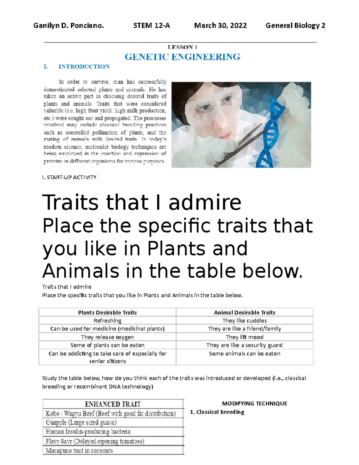 Genbio 2- Module 1 - STUDY WELL, KIDS - I. START-UP ACTIVITY Traits ...