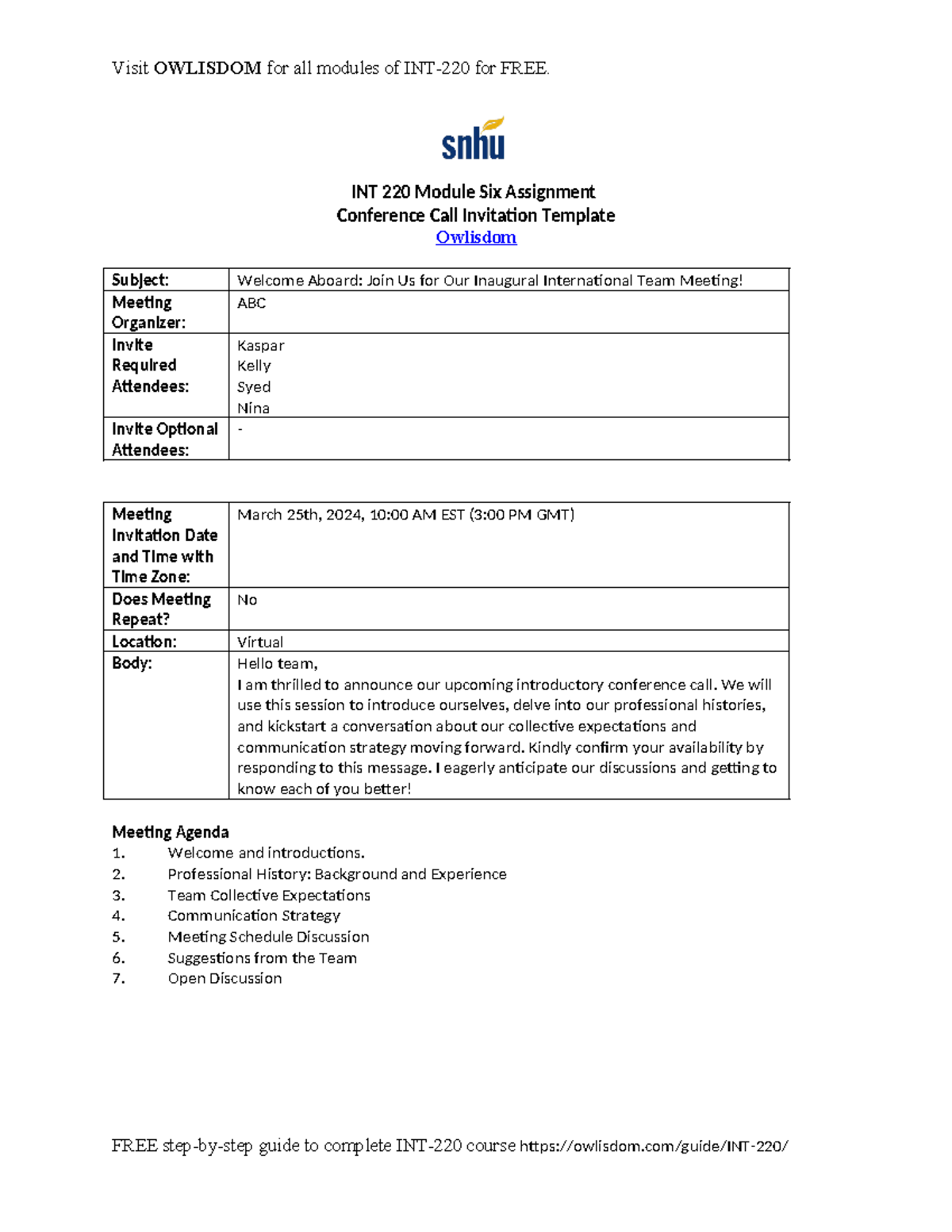 INT 220 Module Six Assignment Conference Call Invitation Template ...