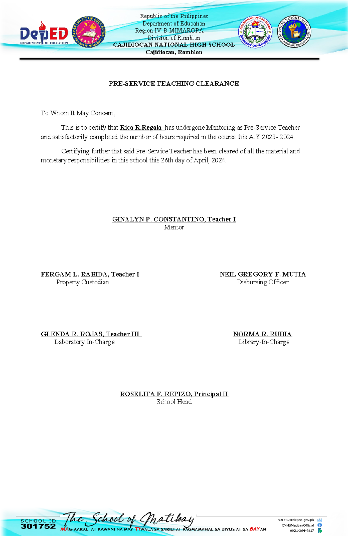 Clearance 2 - Republic of the Philippines Department of Education ...