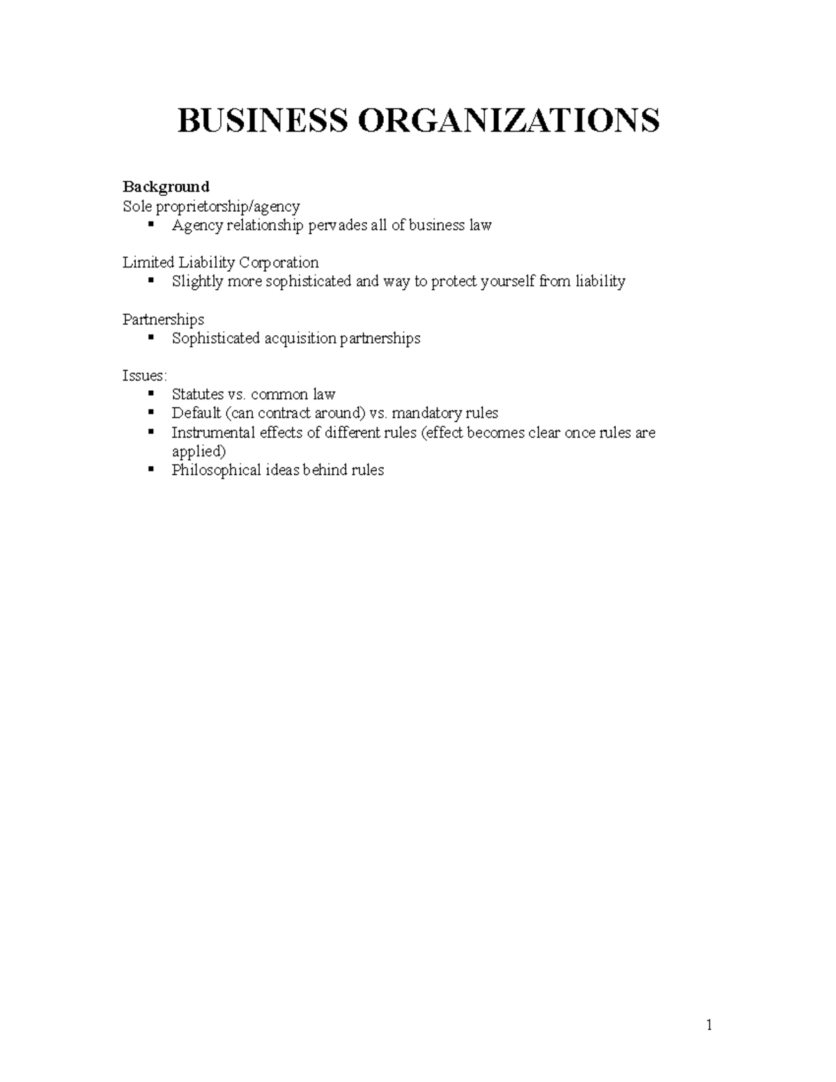 Business Organizations 2 - BUSINESS ORGANIZATIONS Background Sole ...
