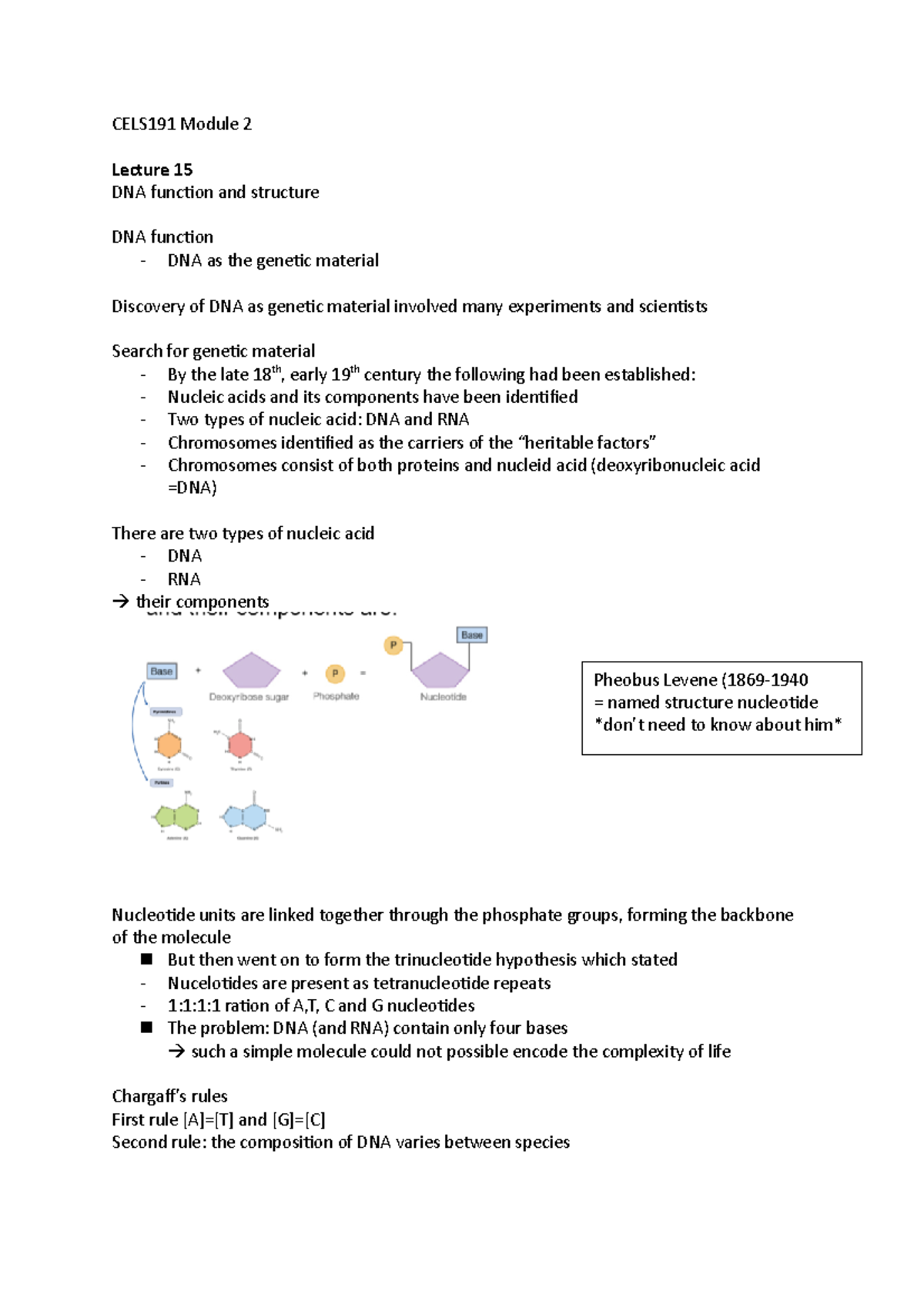 CELS191 Module 2 - notes - CELS191 Module 2 Lecture 15 DNA funcion and ...