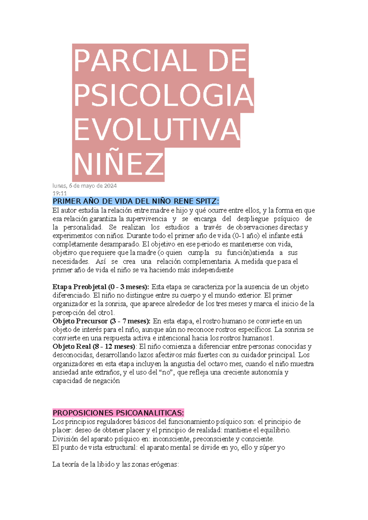 Parcial DE Psicologia Evolutiva Niñez - PARCIAL DE PSICOLOGIA EVOLUTIVA NIÑEZ lunes, 6 de mayo ...