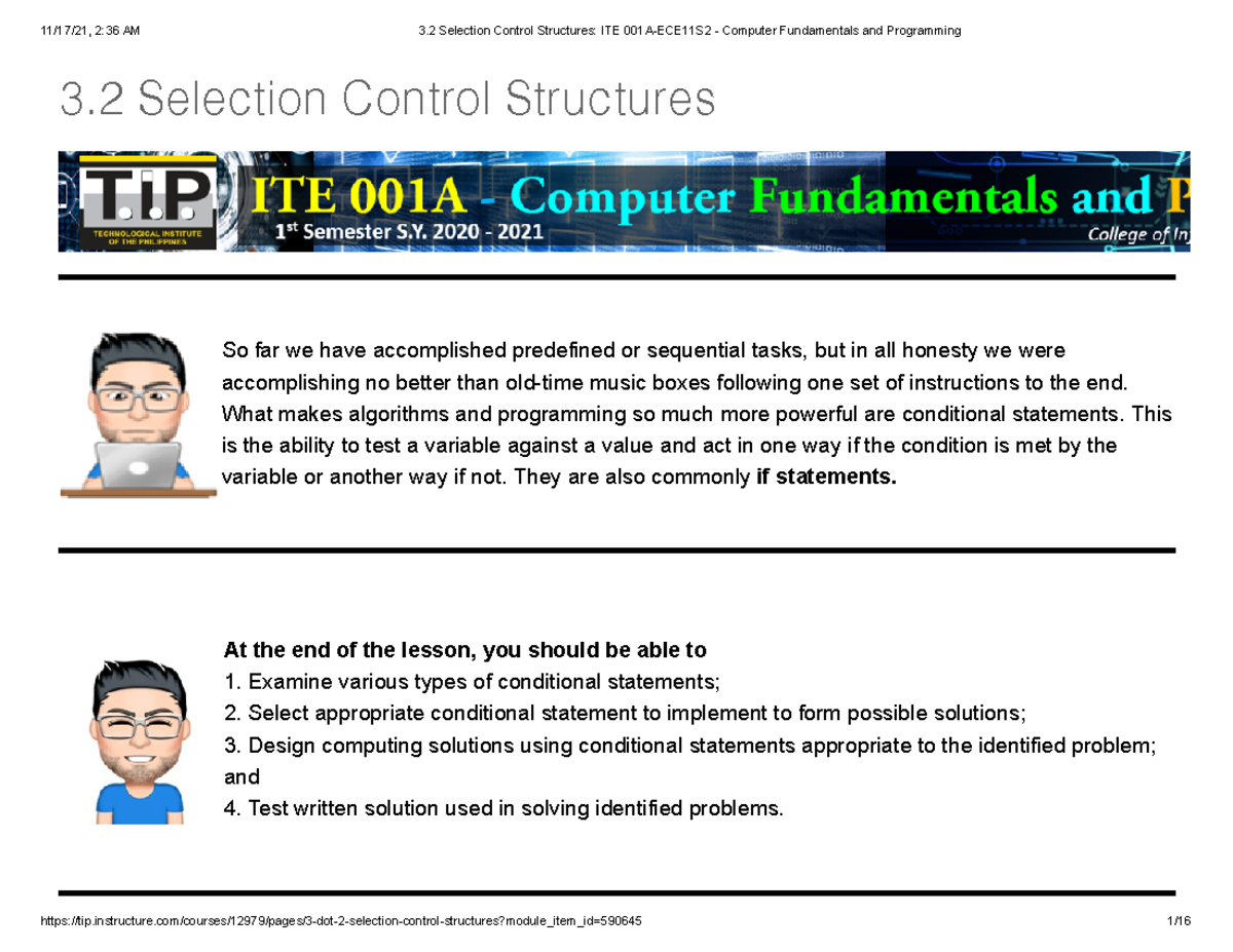 MITRC 042L1-3.2 Selection Control Structures - Computer Programming ...