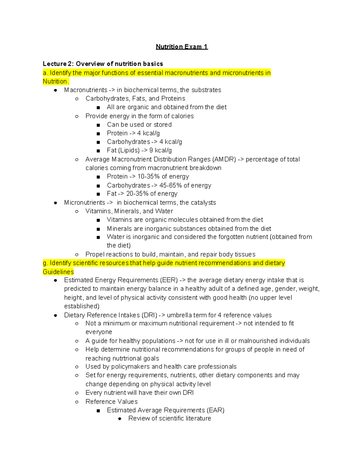 Copy of Nutrition Exam 1 - Nutrition Exam 1 Lecture 2: Overview of ...