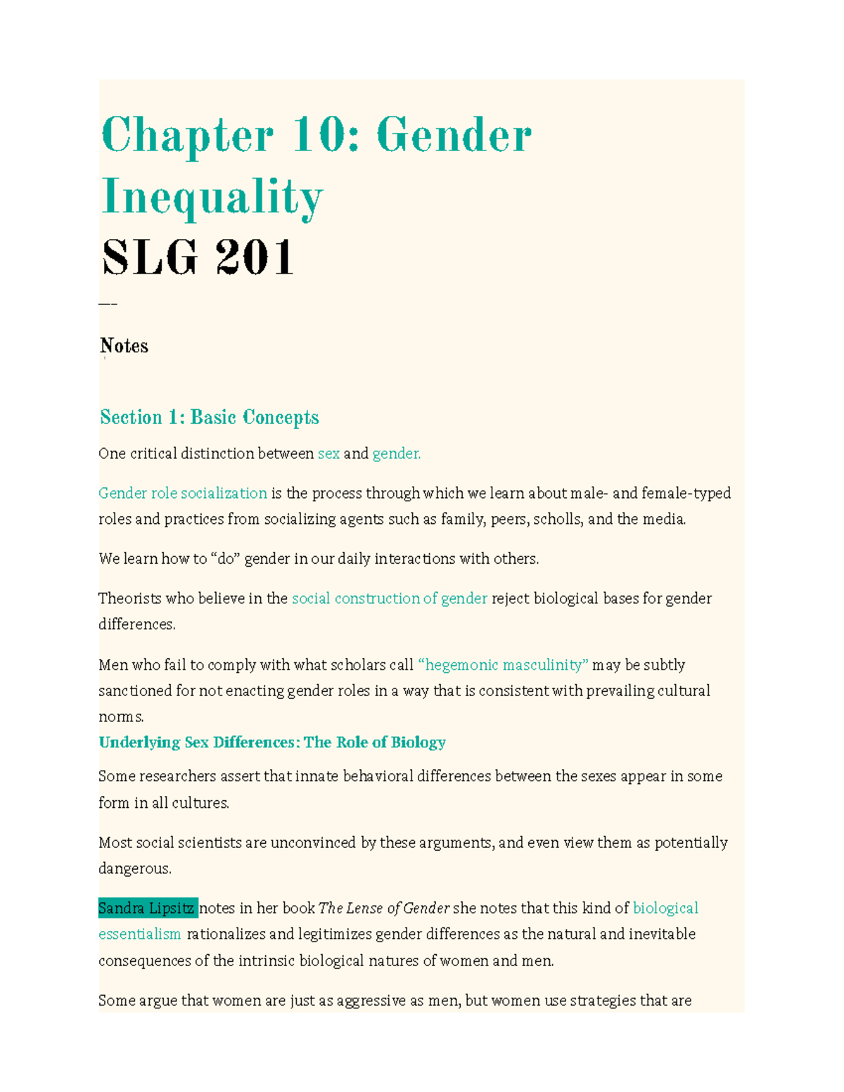 Chapter 10 Sociology - Chapter 10: Gender Inequality SLG 201 ___ Notes ...