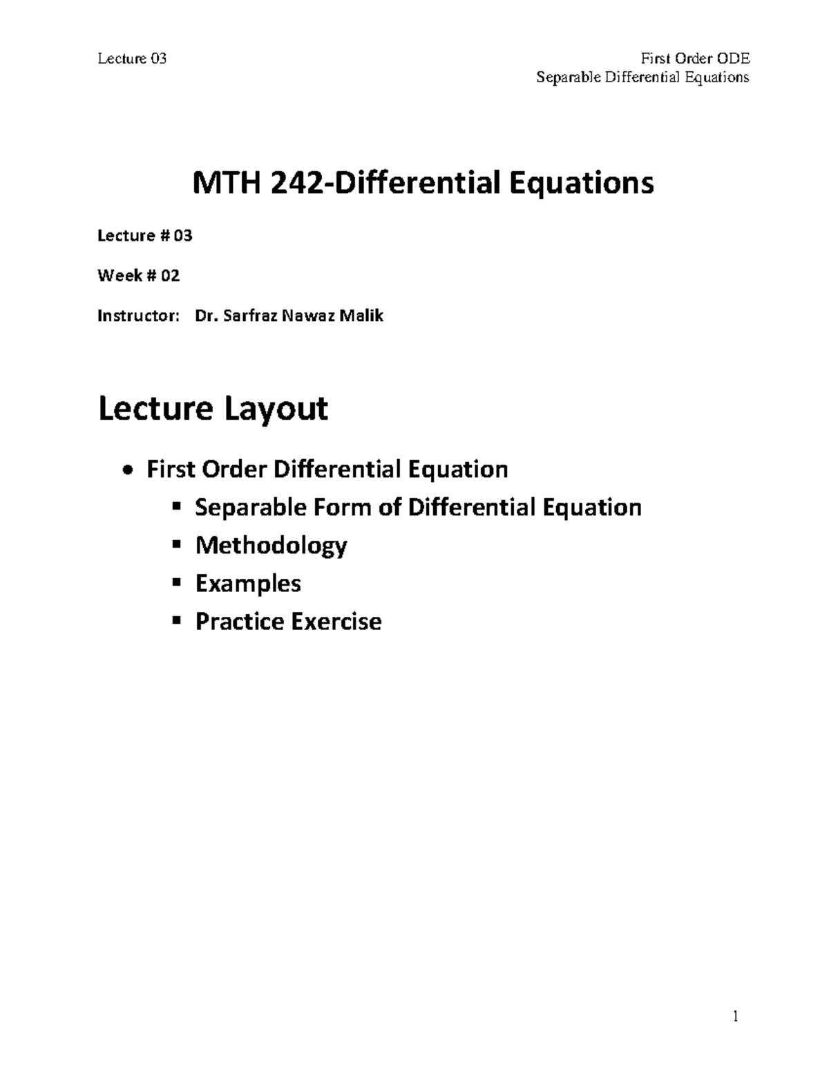 Lecture 03-MTH242-Differential Equations - Separable Differential ...