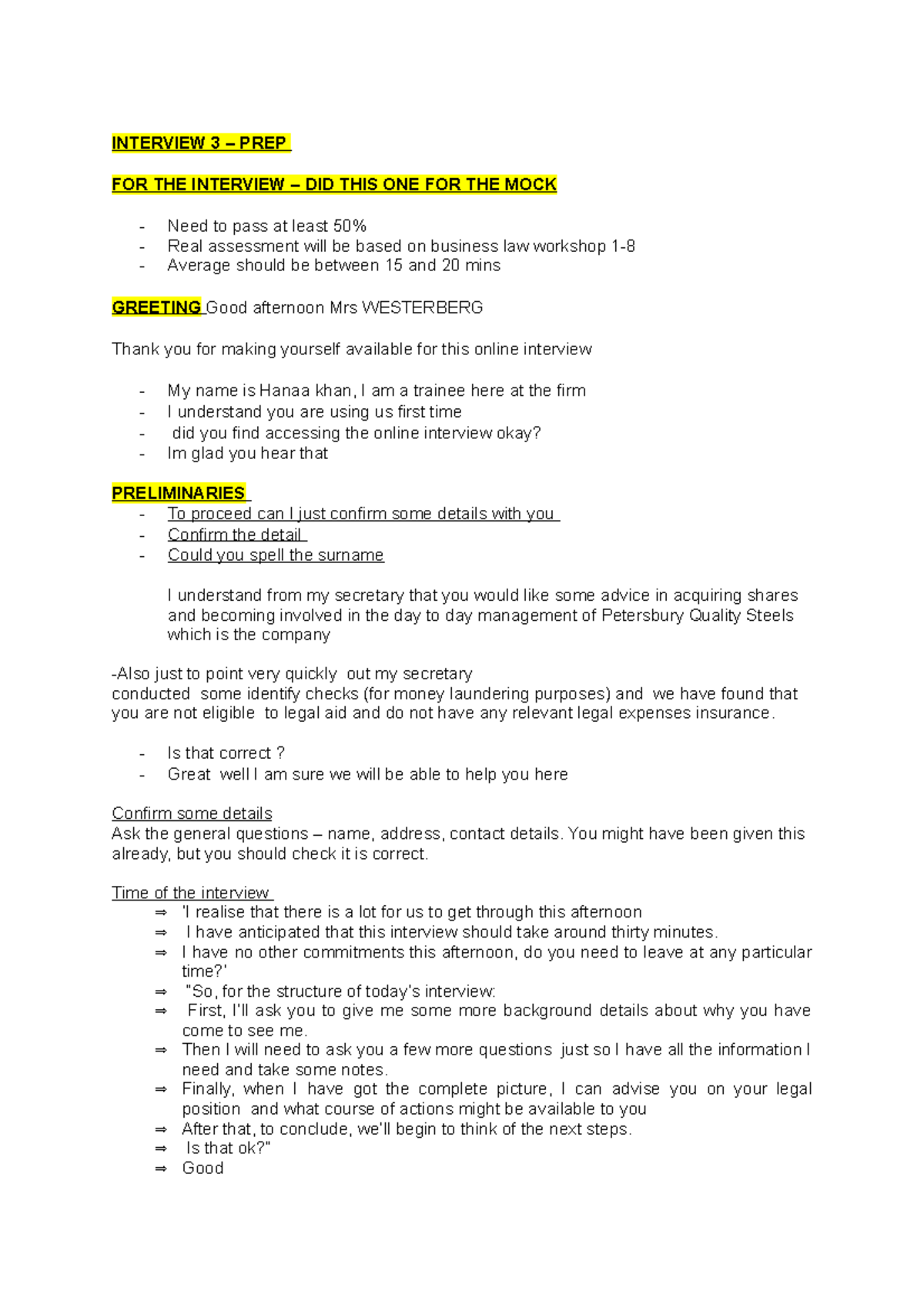 Interview- practice 3 mock notes - INTERVIEW 3 – PREP FOR THE INTERVIEW ...