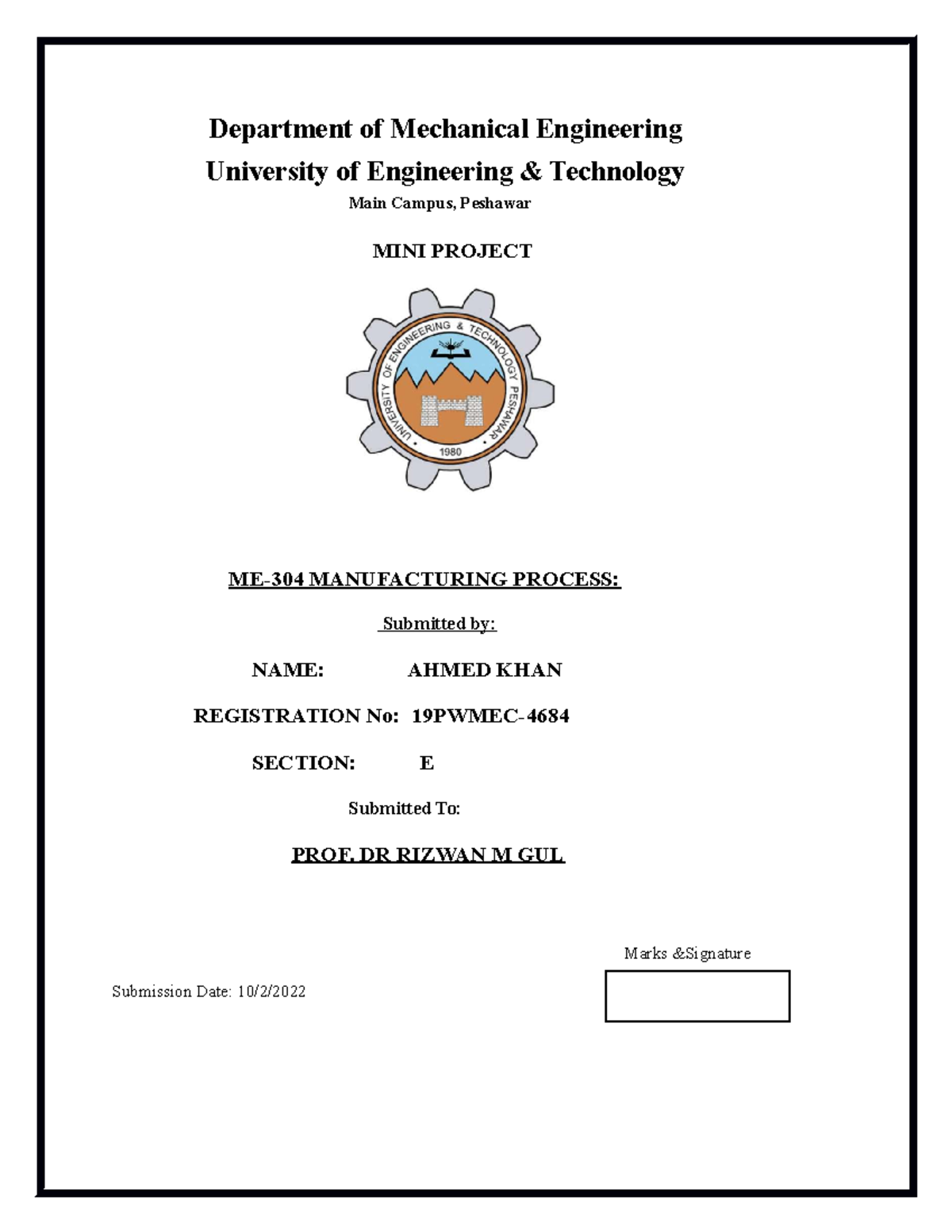 Mini Project 2 - Department of Mechanical Engineering University of ...
