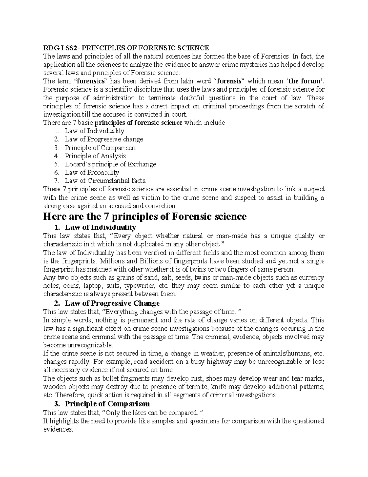 Reading I SS2- LAWS OF Forensic Science - RDG I SS2- PRINCIPLES OF ...