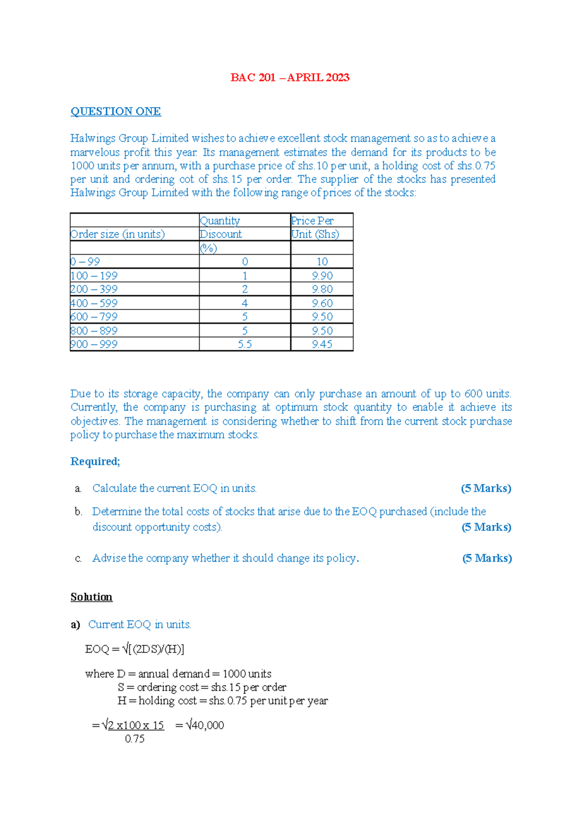 BAC 201 Question Workings - BAC 201 – APRIL 2023 QUESTION ONE Halwings ...