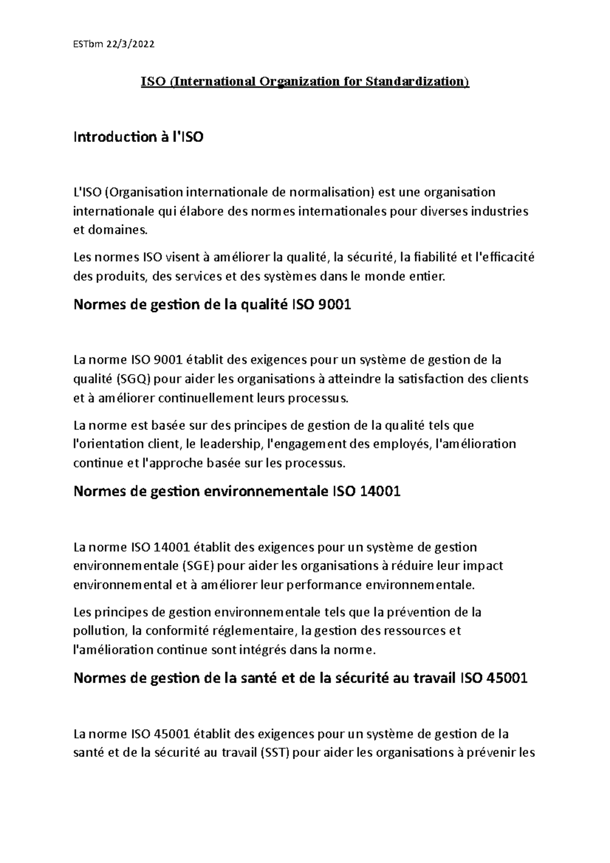ISO - Notes pour ISO - ESTbm 22/3/ ISO (International Organization for ...