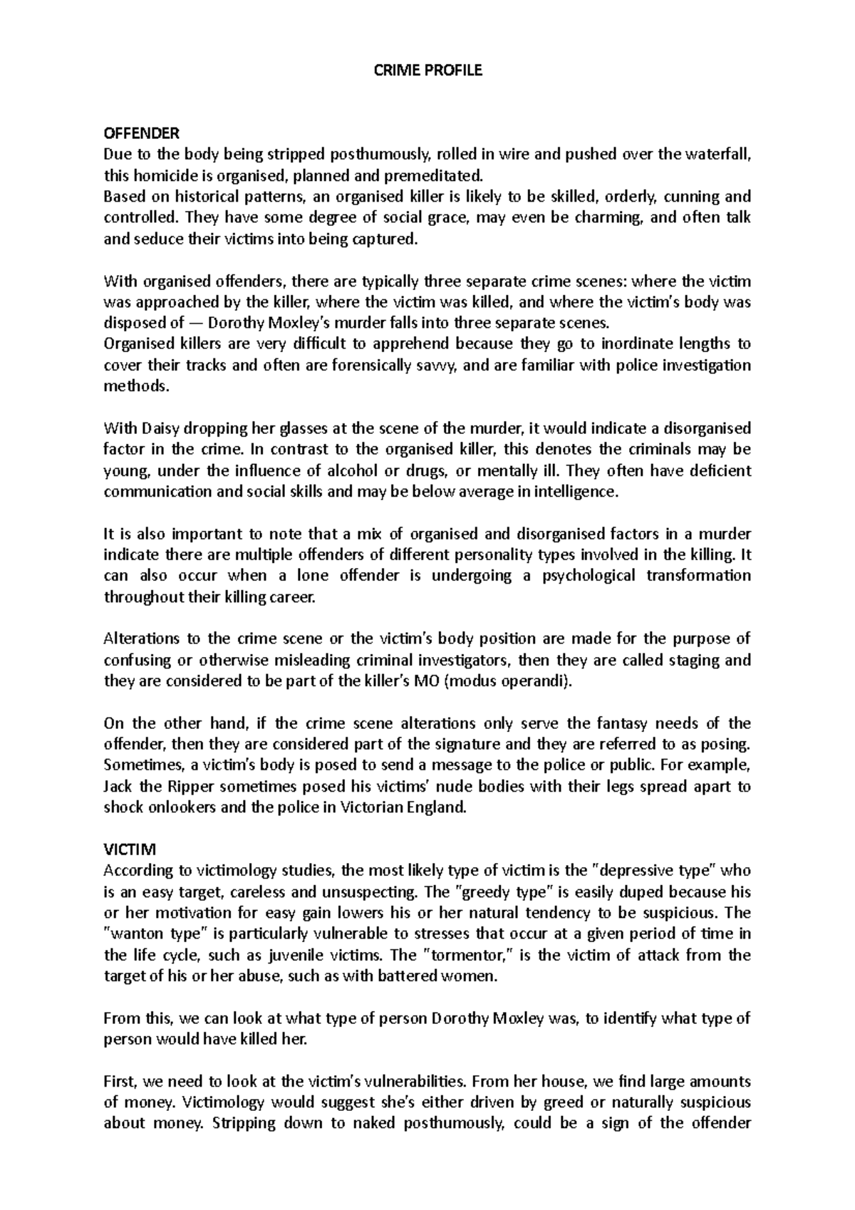 Crime Profile - Notes on victimology - CRIME PROFILE OFFENDER Due to ...