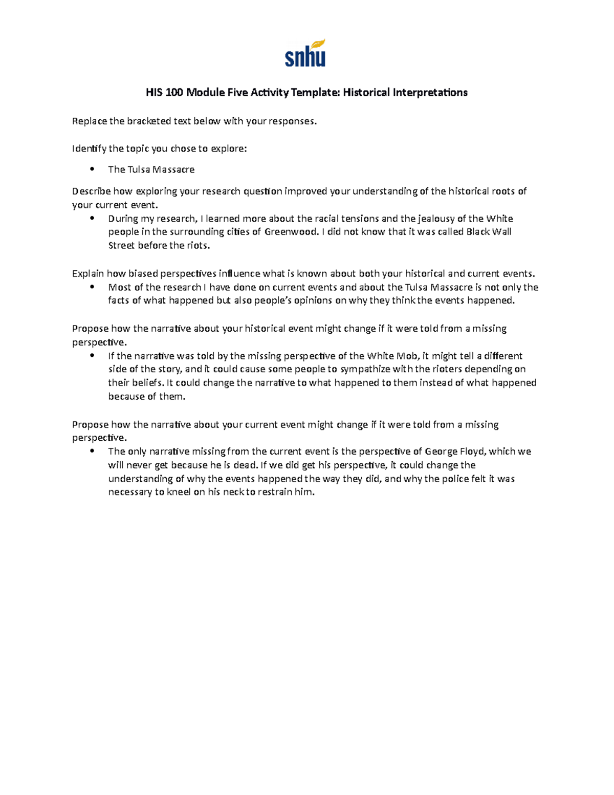 HIS 100 Module Five Activity Template - Identify the topic you chose to ...