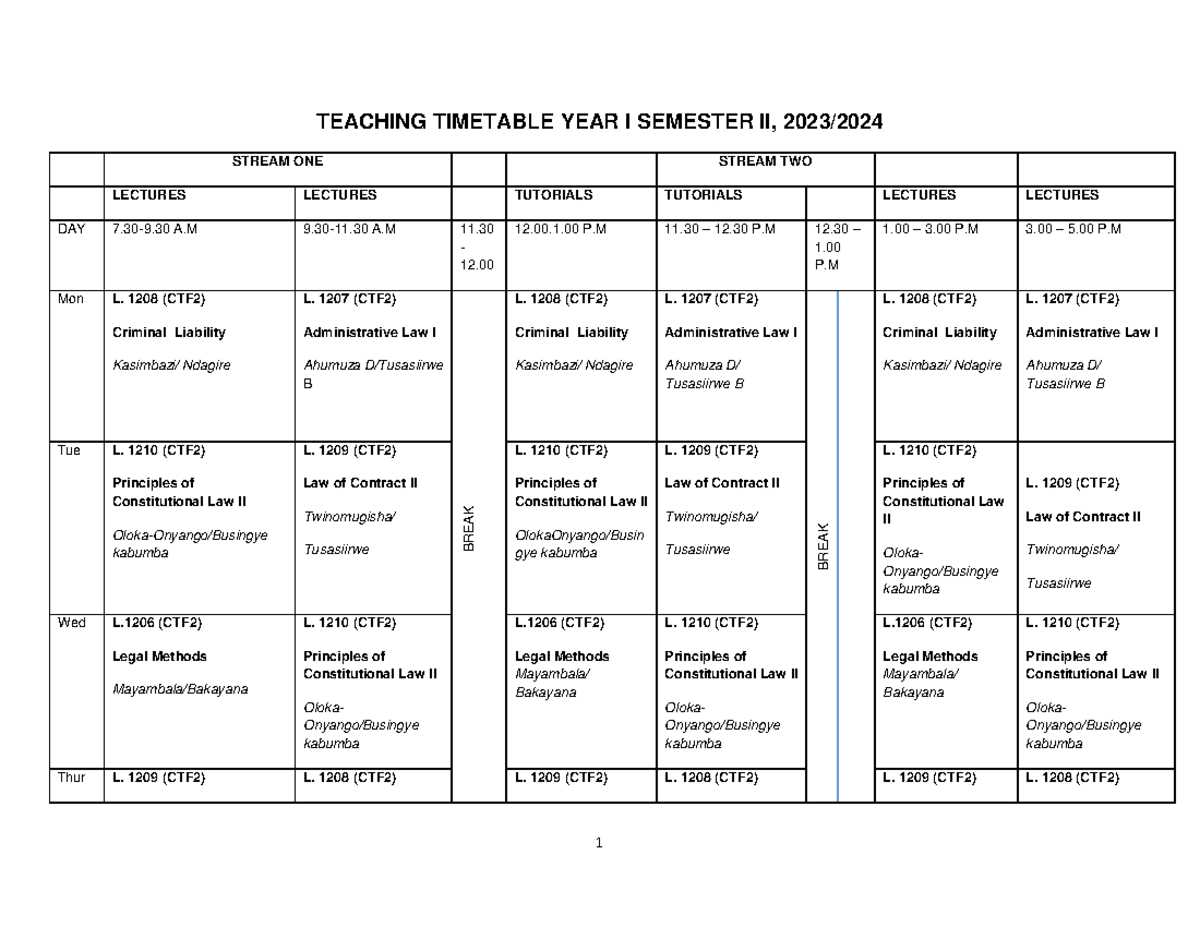 LLB Teaching Timetable YEAR I Semester II - TEACHING TIMETABLE YEAR I ...
