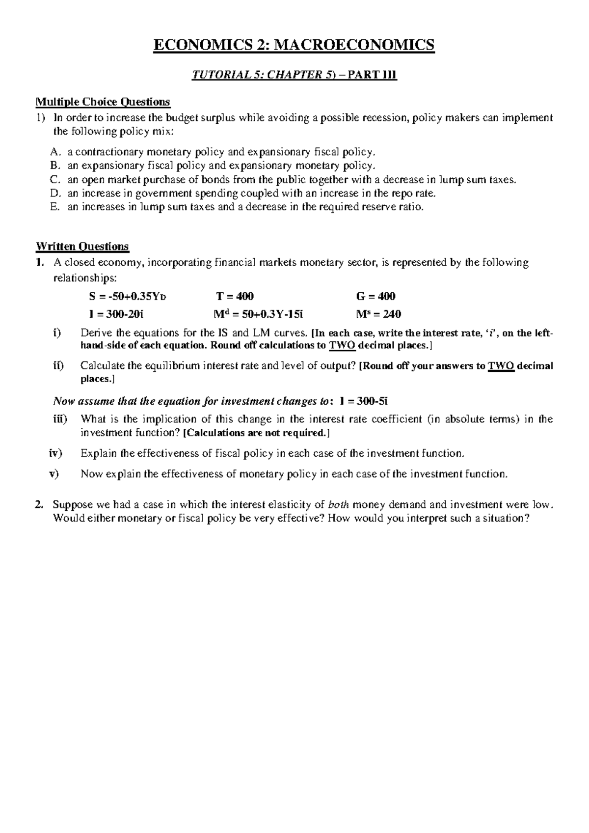 Macro Tutorial 5- Chapter 5(Part 3) - ECONOMICS 2: MACROECONOMICS ...