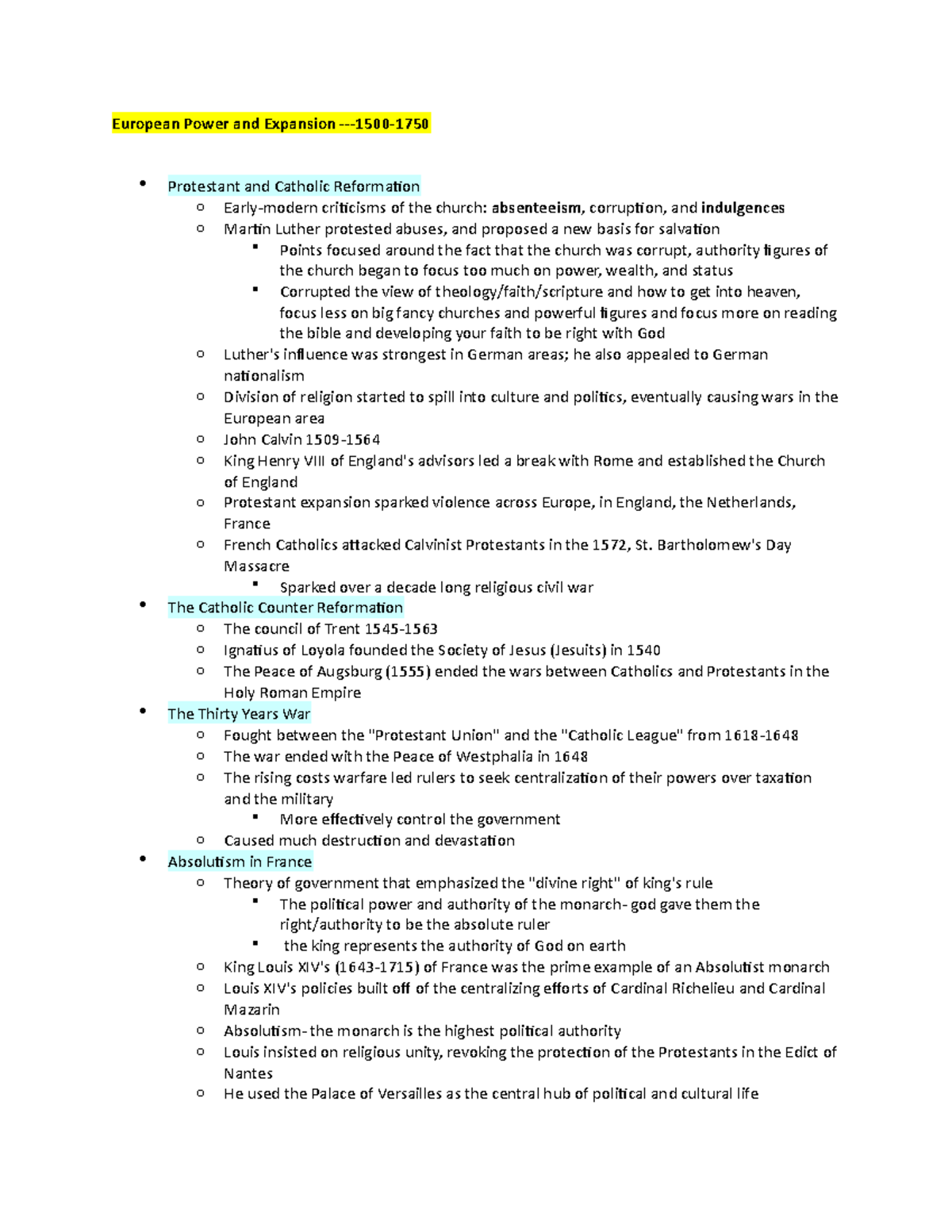 Chapter 18 - European Power and Expansion -1500- Protestant and ...