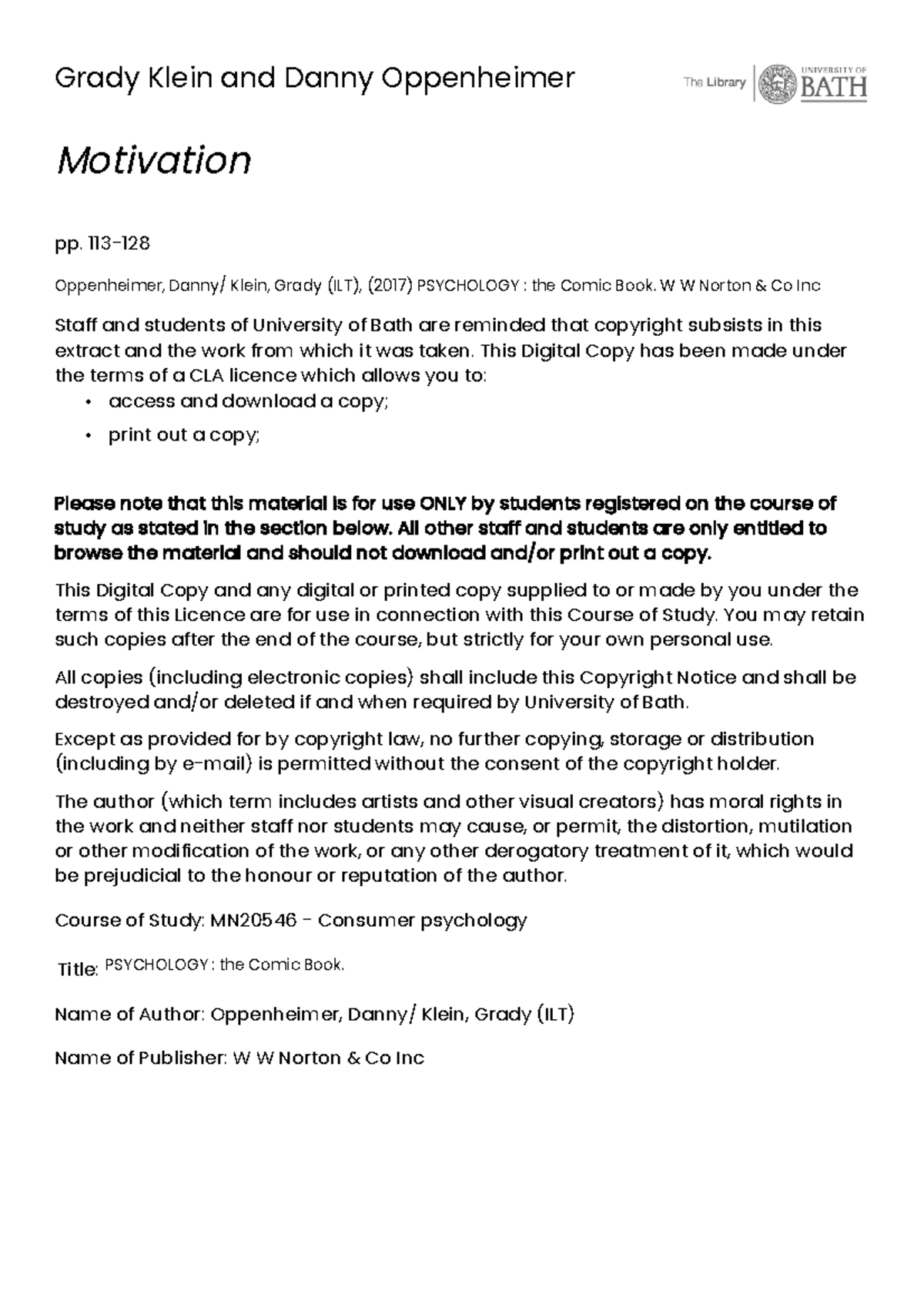 Chapter 7 pysch textbook - Grady Klein and Danny Oppenheimer Motivation ...