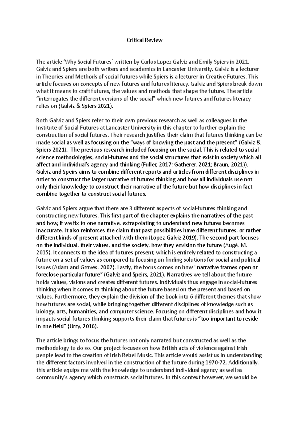 Critical Review - Critical Review The article ‘Why Social Futures ...