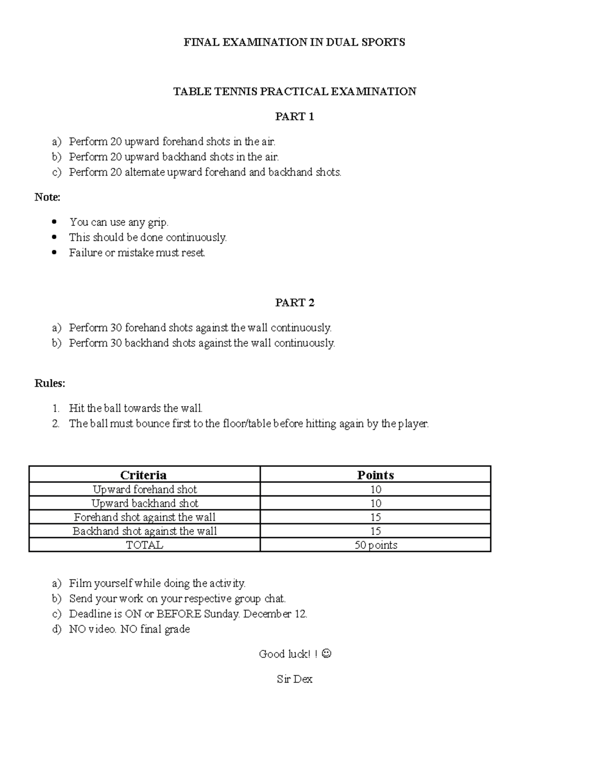 Dual Sports Practical - FINAL EXAMINATION IN DUAL SPORTS TABLE TENNIS ...
