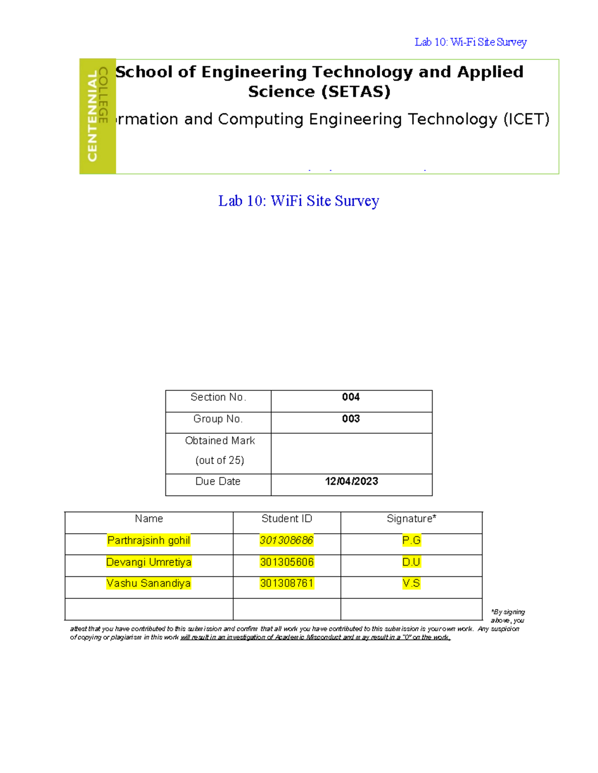CNET304 Lab 10-GR3 - none - Lab 7: Wi-Fi Site Survey Lab 10: WiFi Site ...