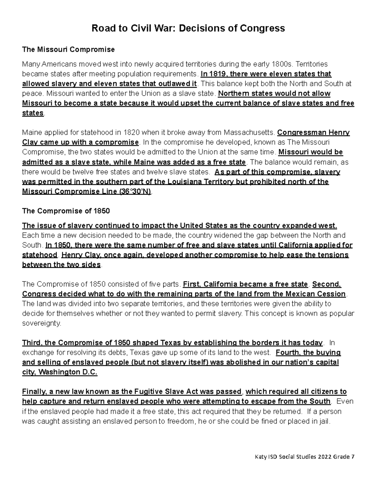 Road to Civil War Decisions of Congress - Territories became states ...