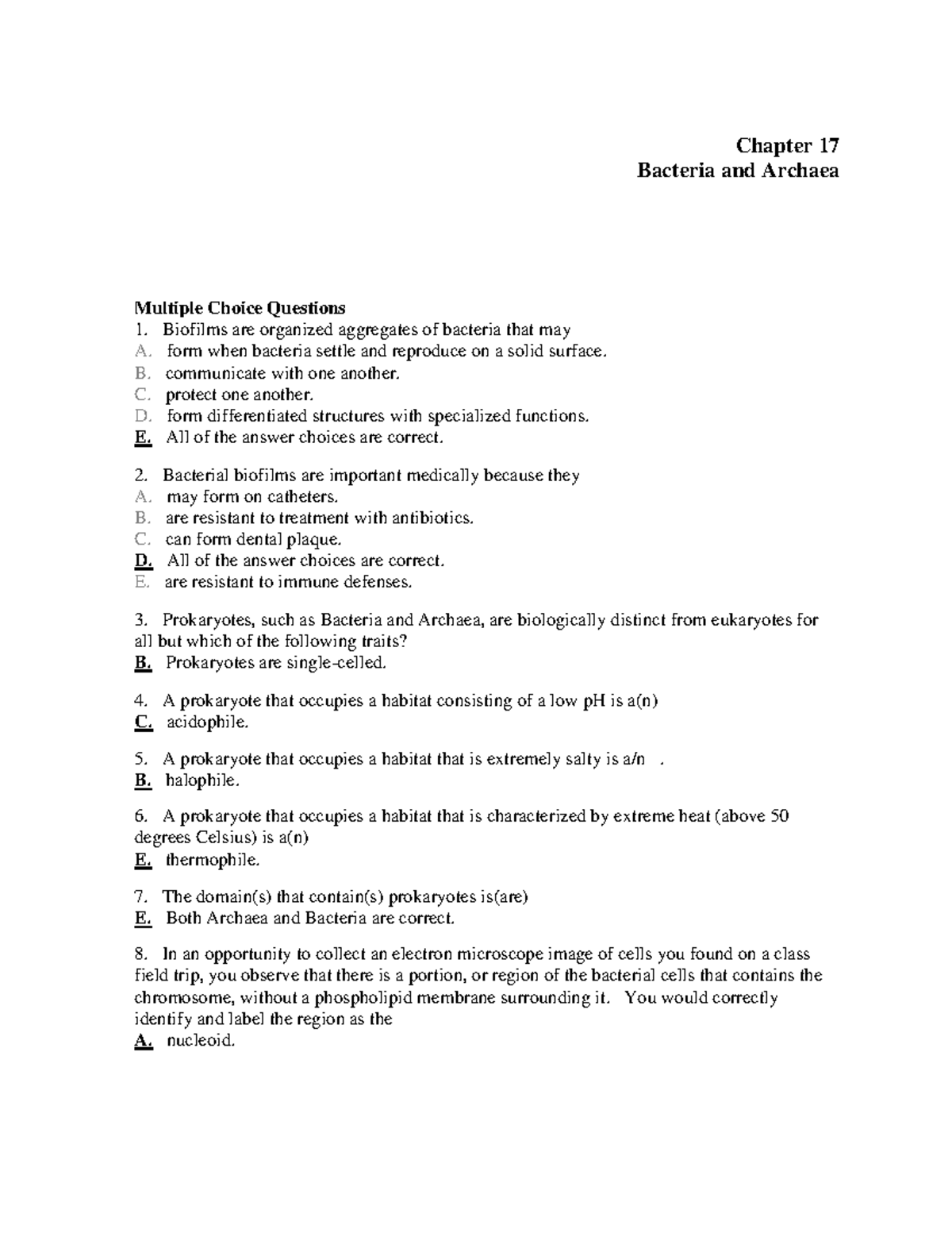 GBIO 107 ch 17 pratice test - Chapter 17 Bacteria and Archaea Multiple ...