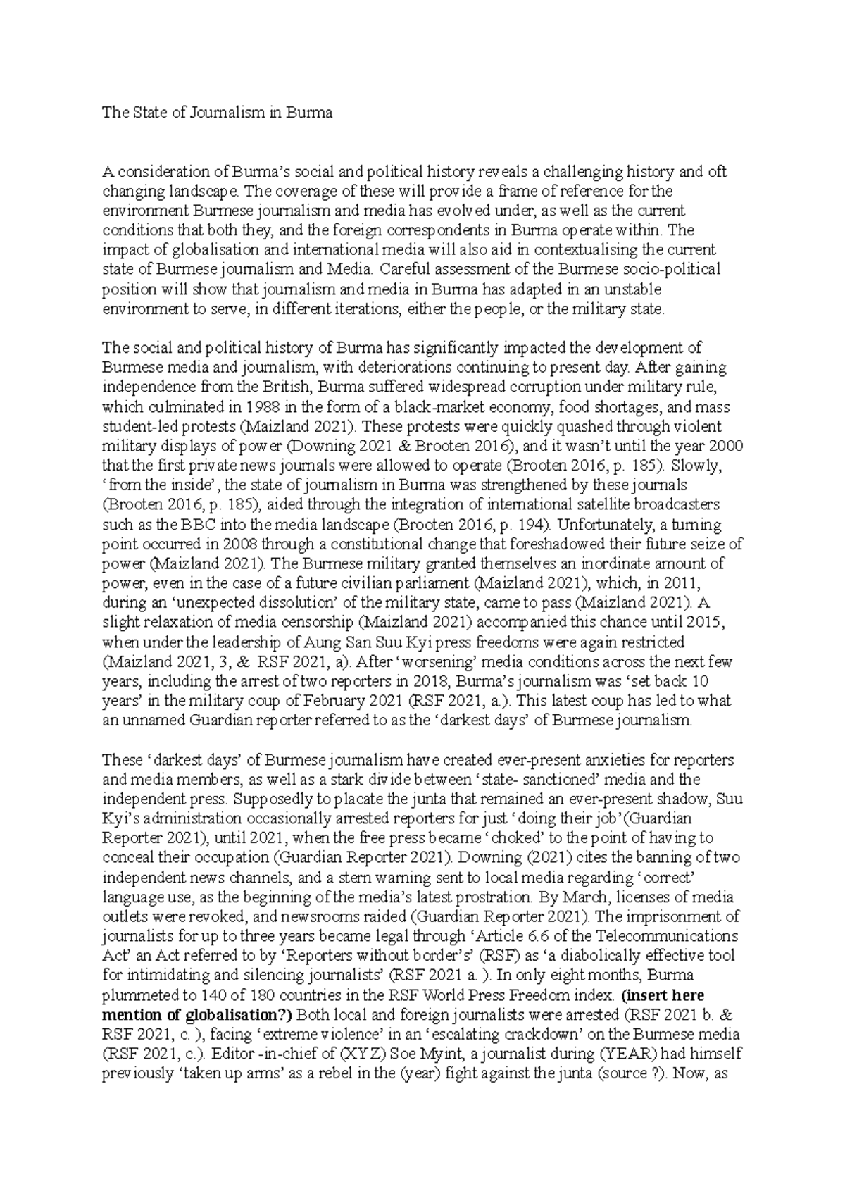 'A consideration of Burma' Essay Draft - The State of Journalism in ...
