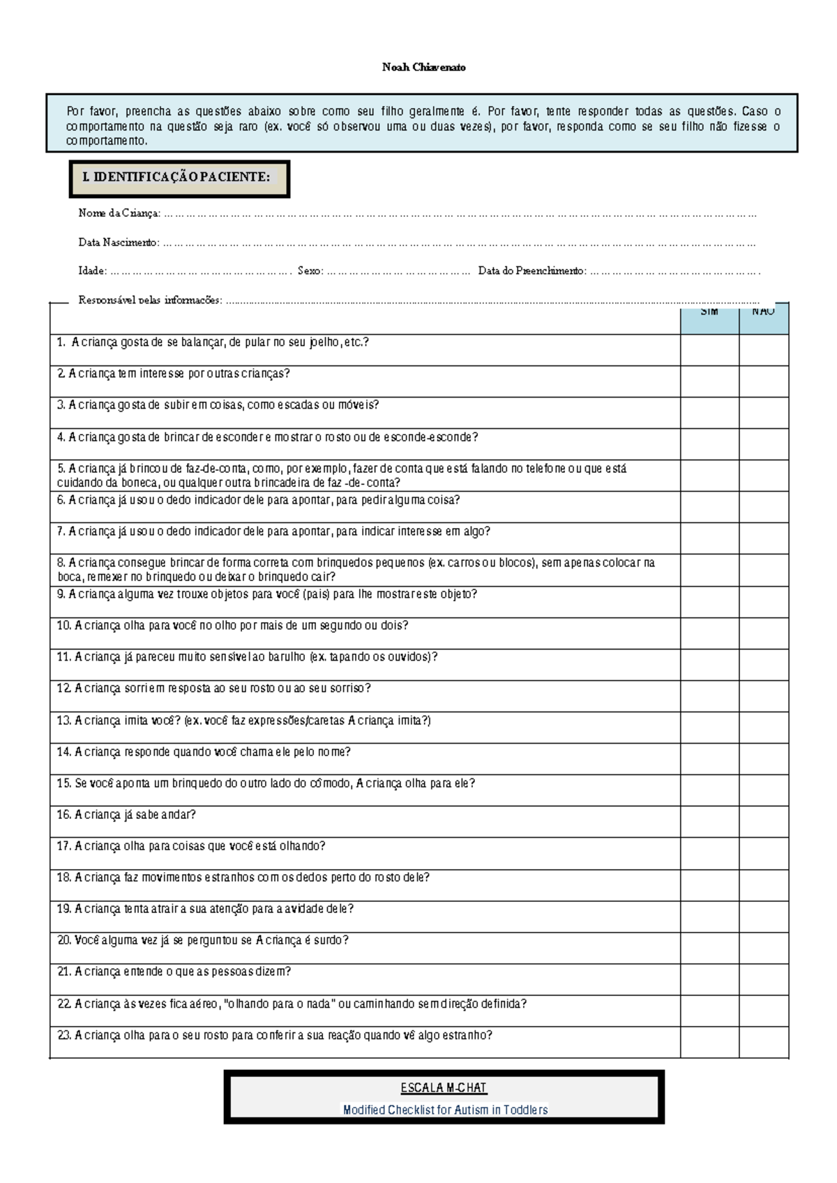 Escala M-CHAT- Autismo - Noah Chiavenato ESCALA M-CHAT Modified ...
