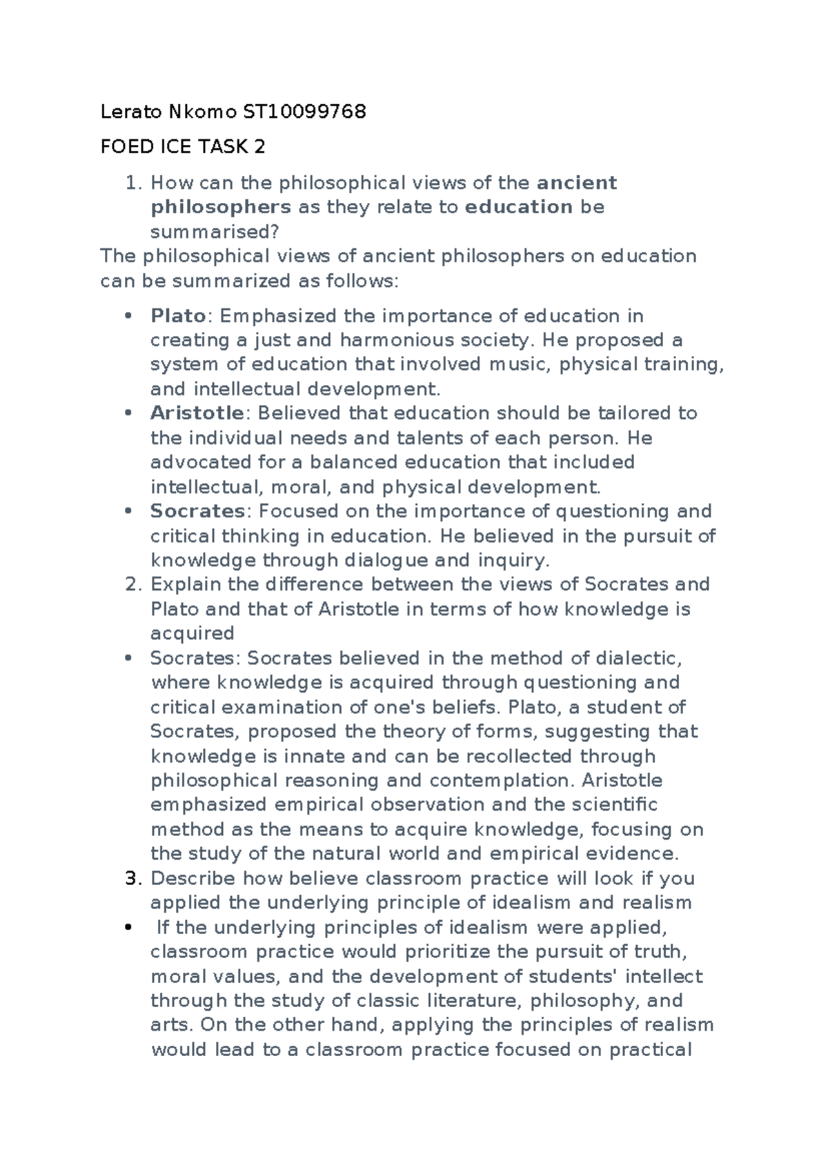 FOED ICE TASK 2 - ice task 2 - Lerato Nkomo ST FOED ICE TASK 2 1. How ...