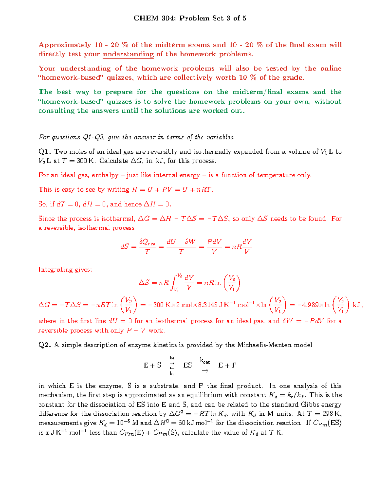 Problem Set-3-Solutions - CHEM 304: Problem Set 3 of 5 Approximately 10 - 20 % of the midterm ...