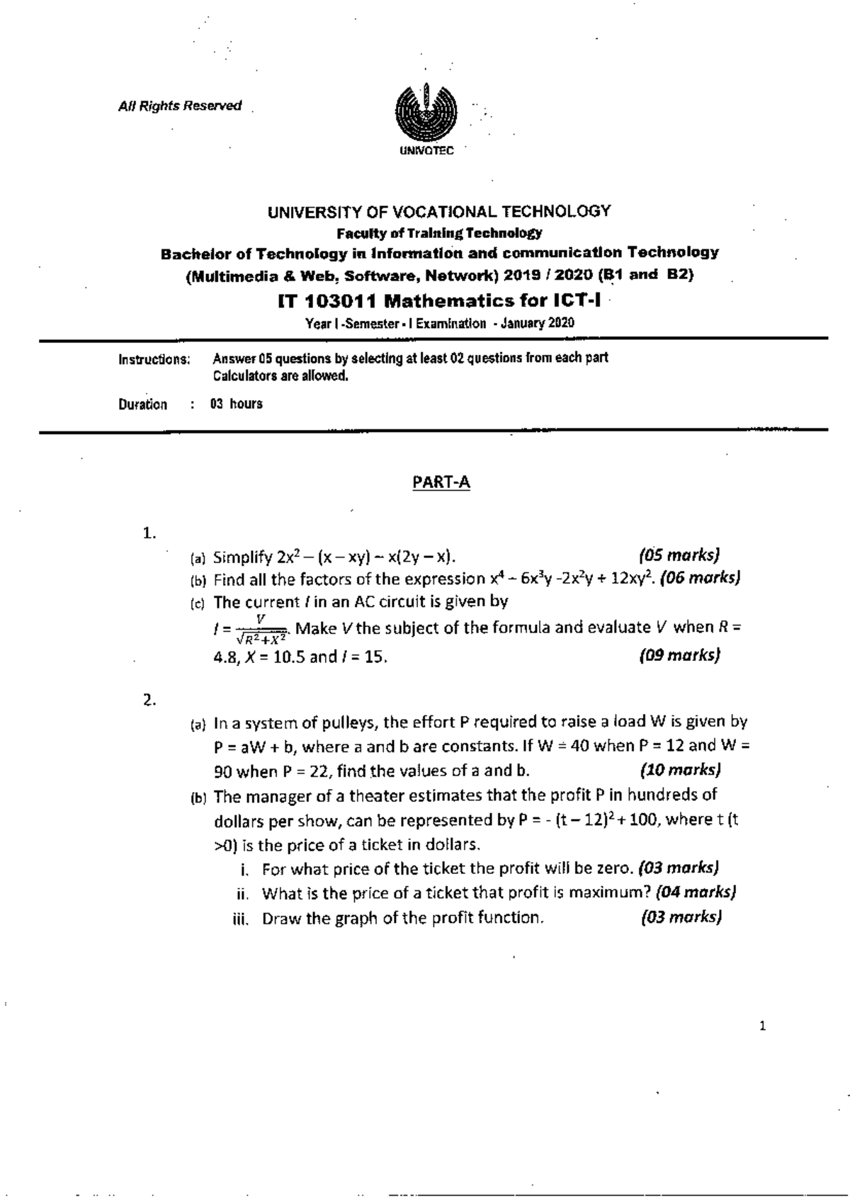 Sem 1 Maths 2020 - Exam Paper 2021 - Mathematics for Ict I - Studocu