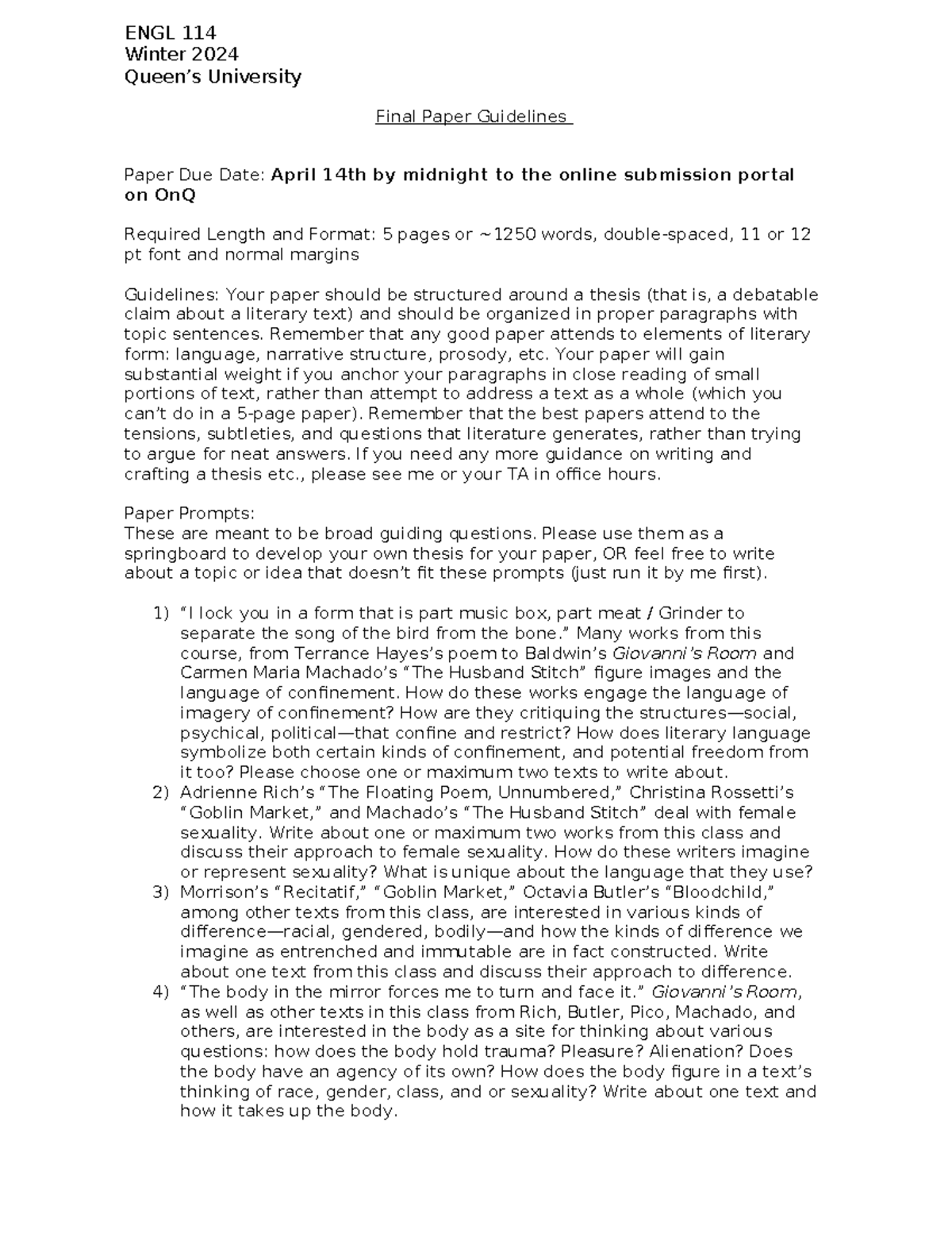 Final Paper Guidelines - ENGL 114 Winter 2024 Queen’s University Final ...