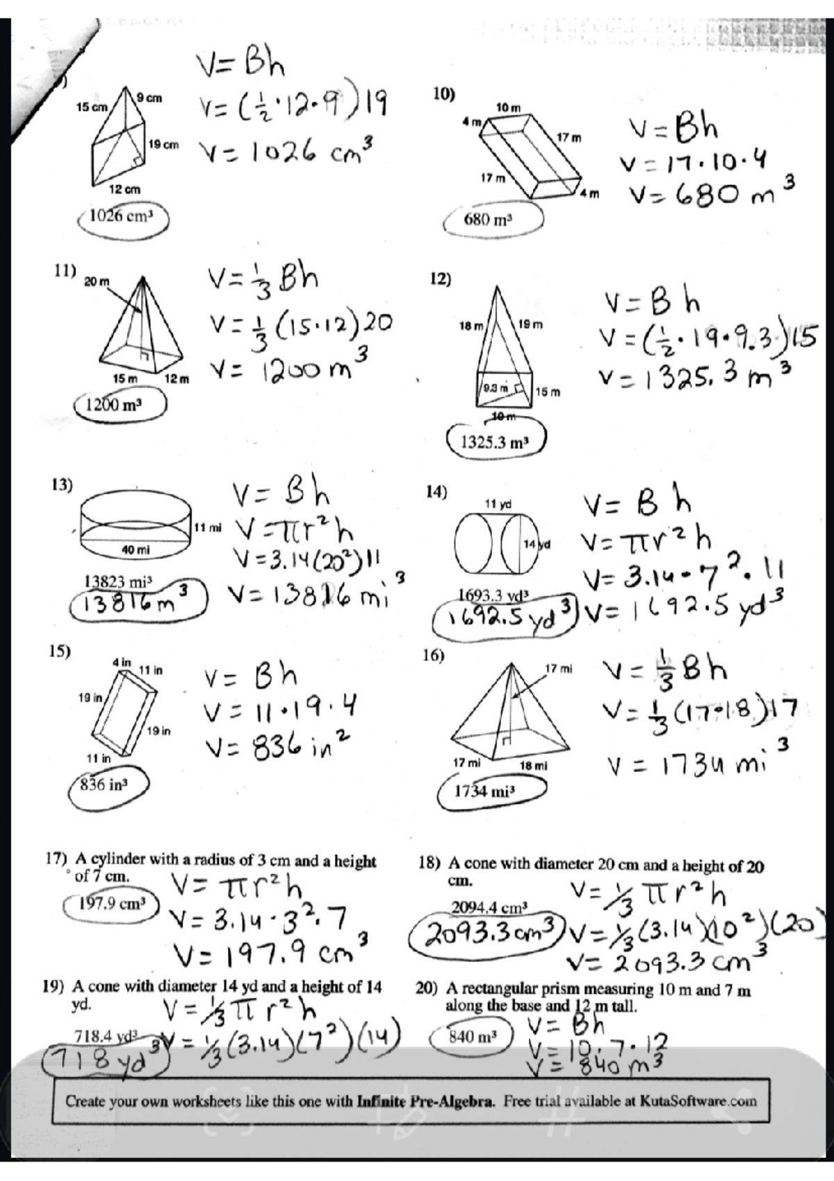 Volume of all shapes key - Studocu