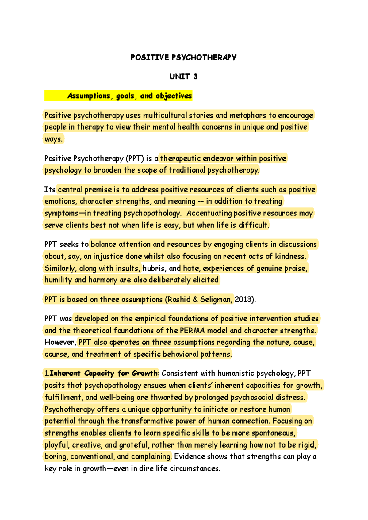 Positive psychotherapy unit 3 - POSITIVE PSYCHOTHERAPY UNIT 3 ...