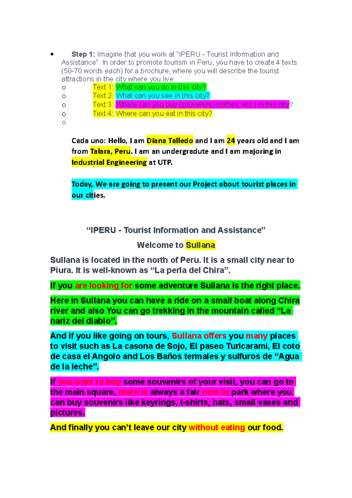 Proyect ingles II - pronunciación - Step 1: Imagine that you work at “IPERU - Tourist ...