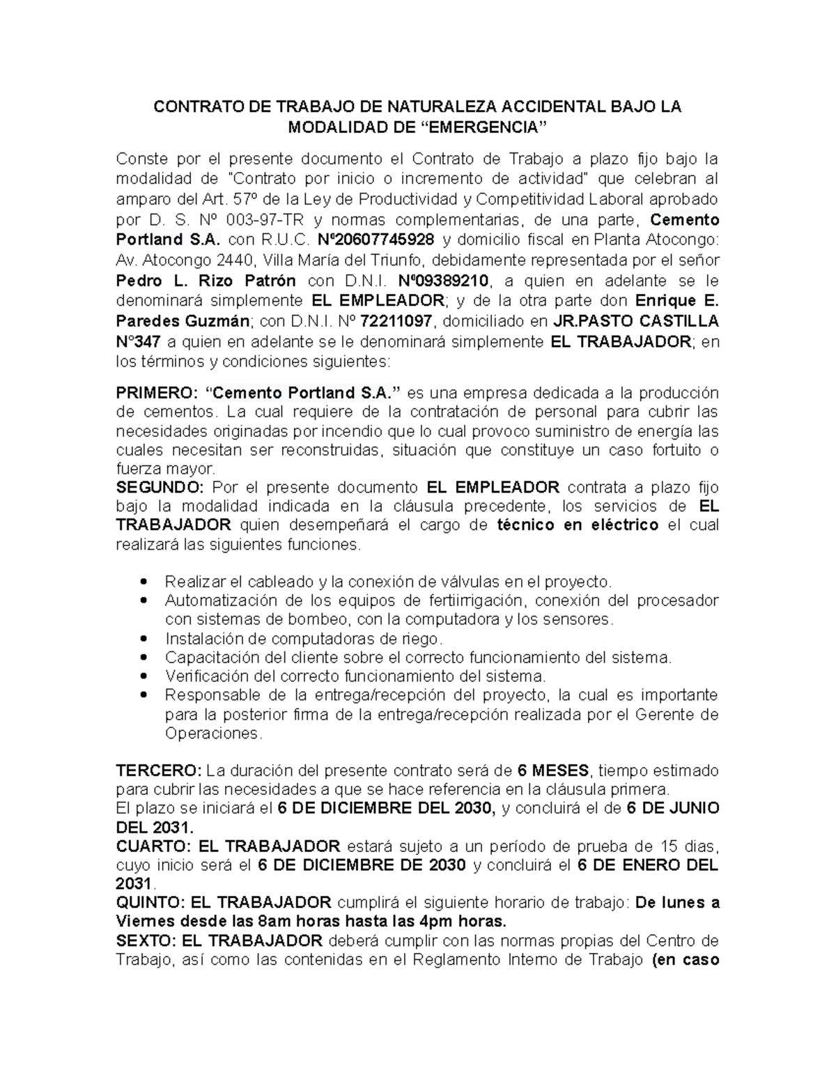 Contrato de Trabajo de Naturaleza Accidental Bajo La Modalidad de Emegencia - CONTRATO DE ...