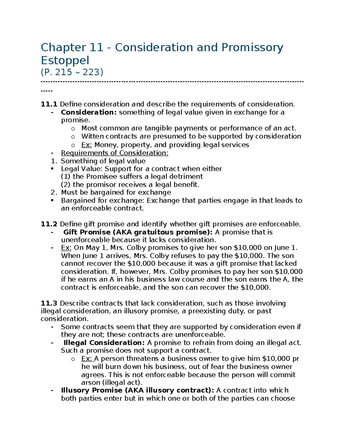 BUL Ch 11 Notes - Chapter 11 - Consideration and Promissory Estoppel (P ...
