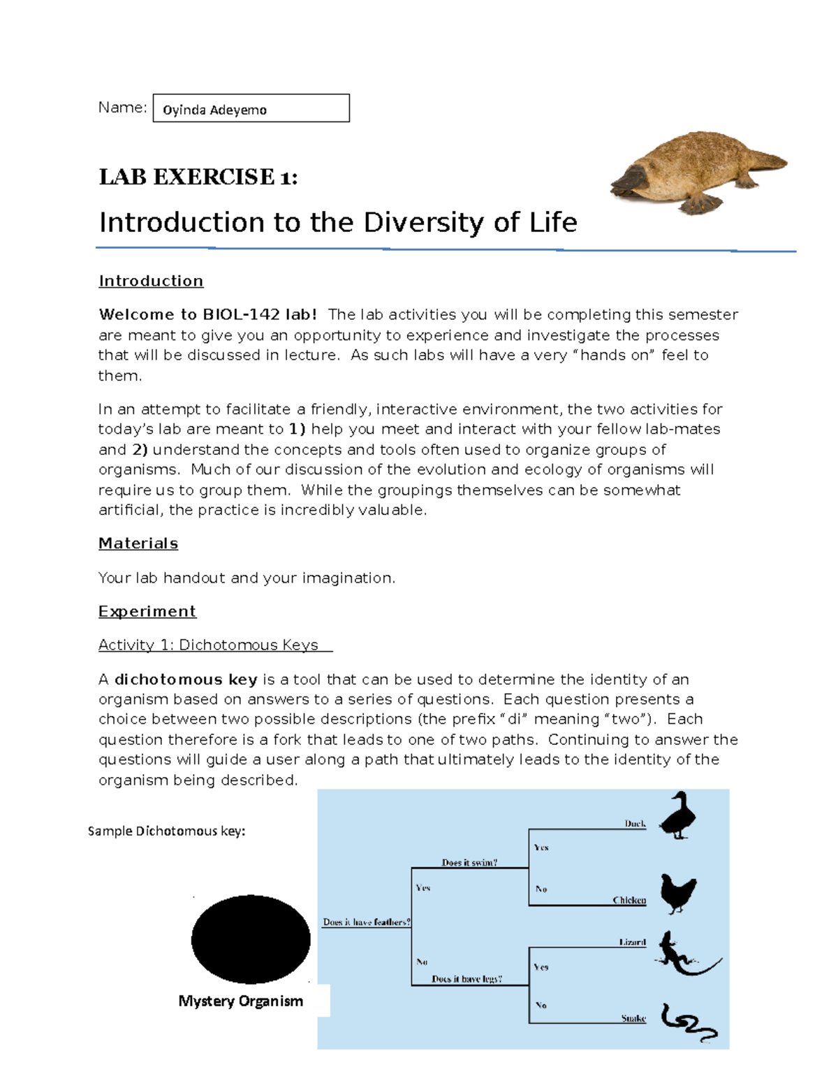 Introduction to Bio-142 lab - Name: LAB EXERCISE 1: Introduction to the ...