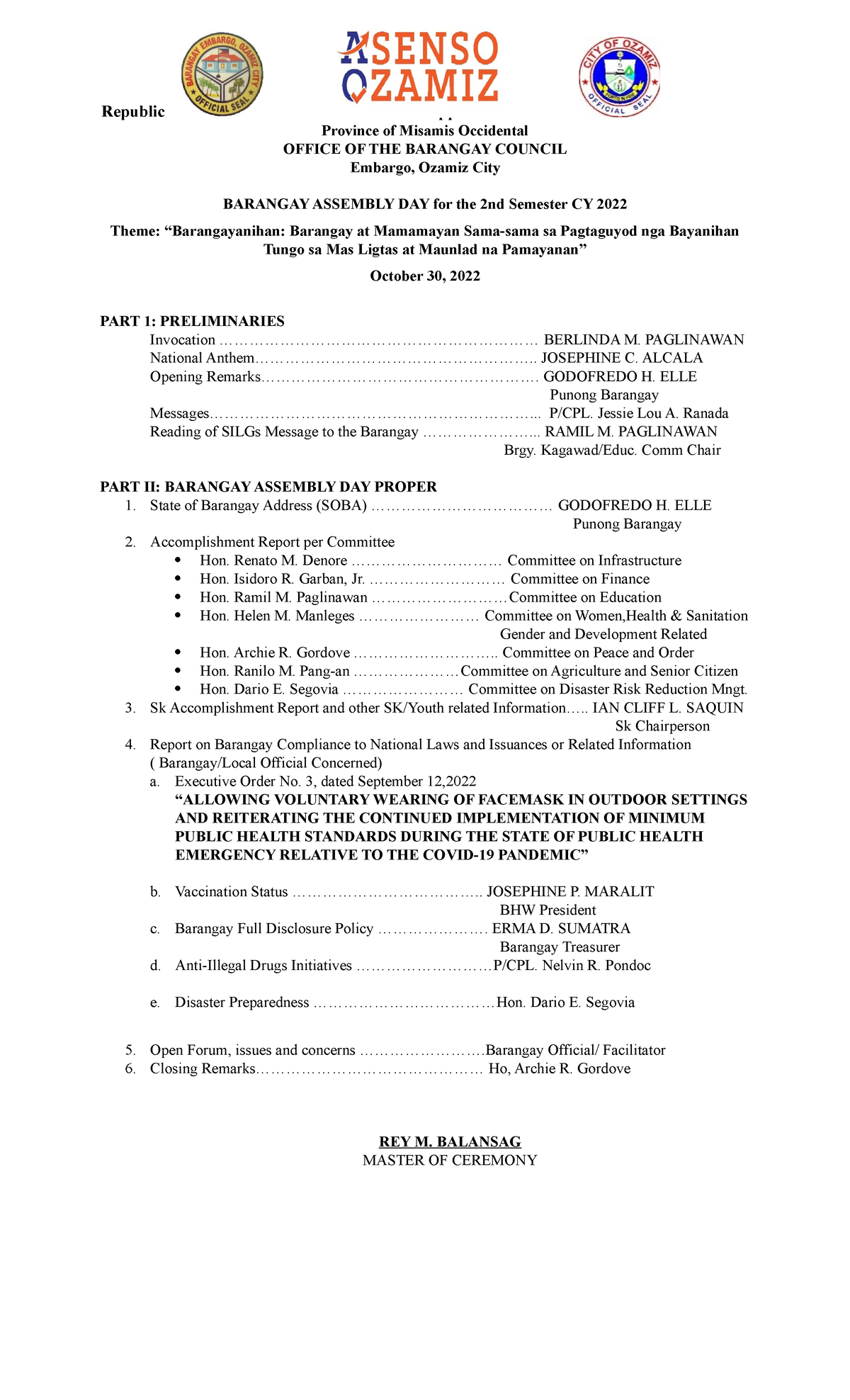 Assembly programme - Republic of the Philippines Province of Misamis ...