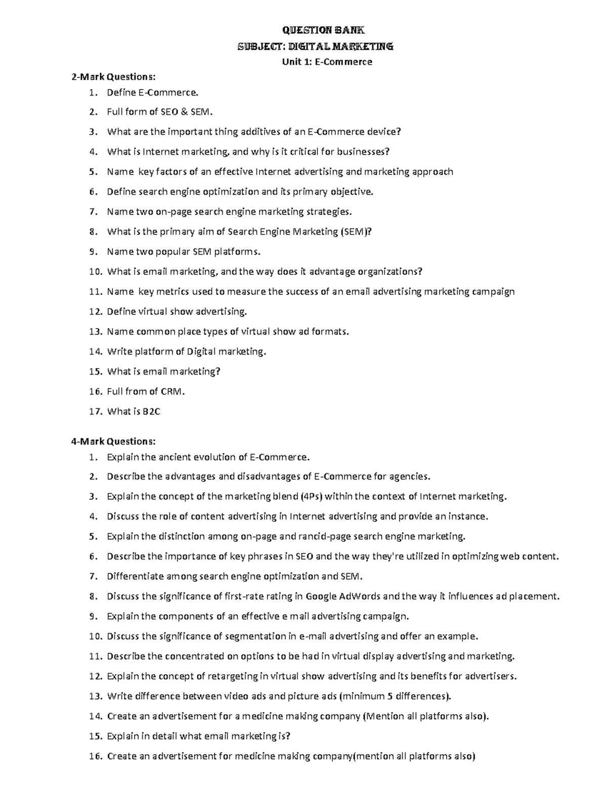 DM question Bank - Question Bank Subject: Digital Marketing Unit 1: E ...