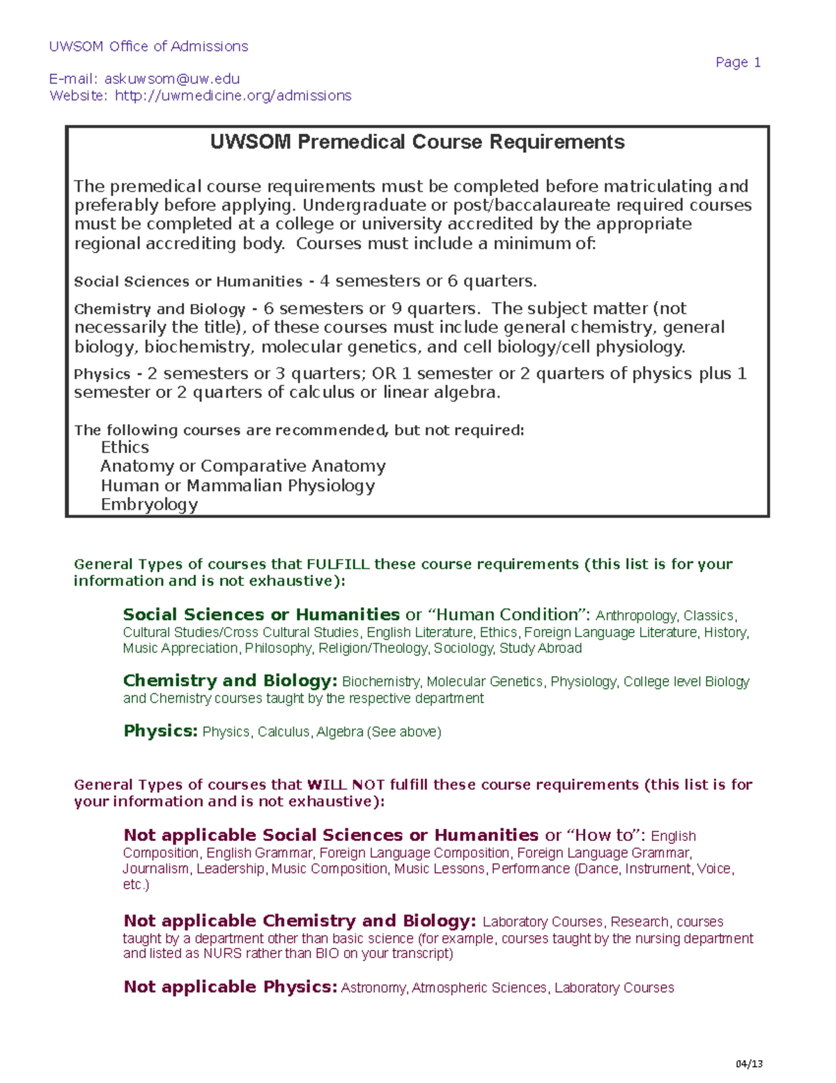 Premedical Course Requirements Worksheet for University of Washington ...