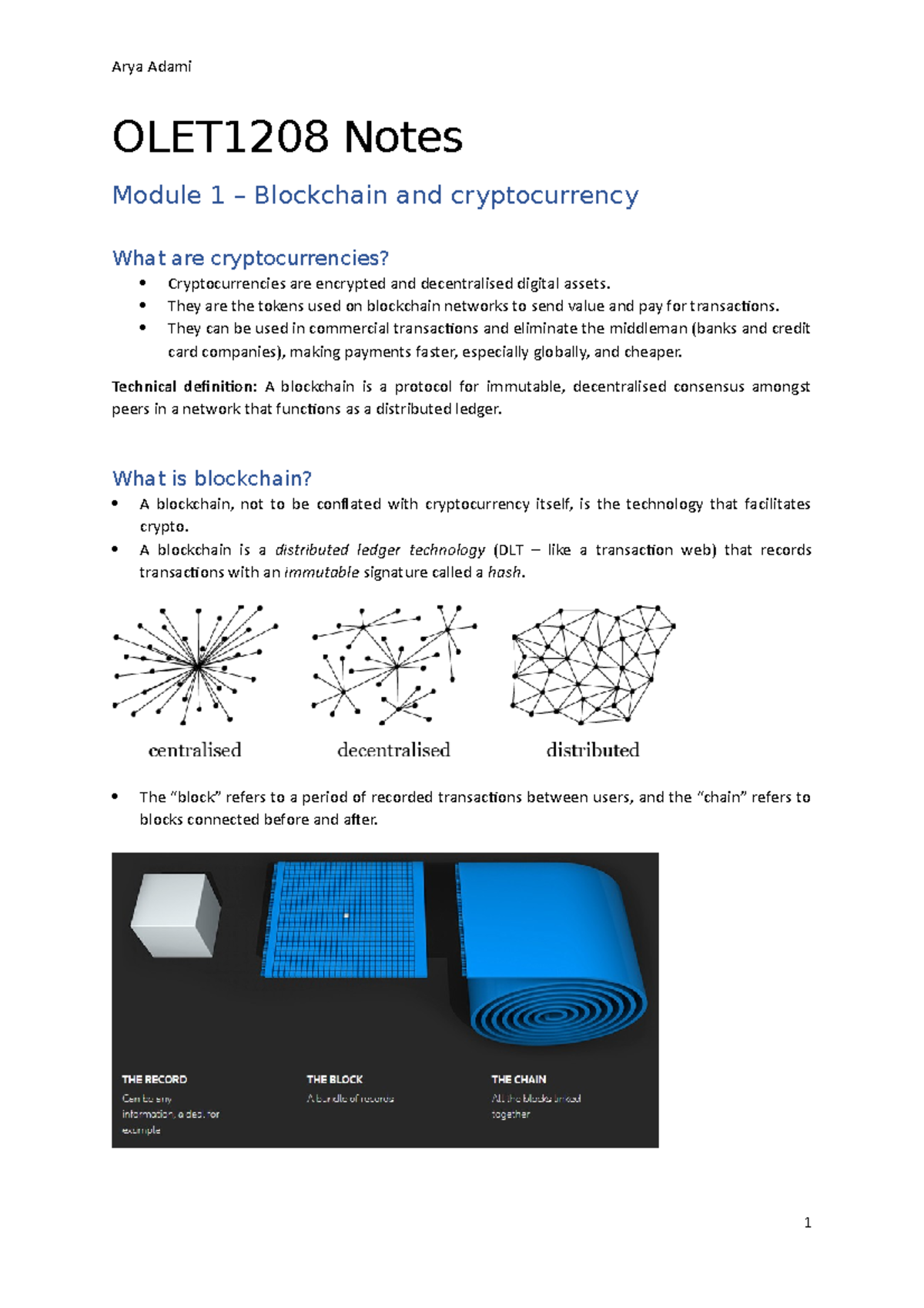 OLET1208 Notes - OLET1208 Notes Module 1 – Blockchain and ...