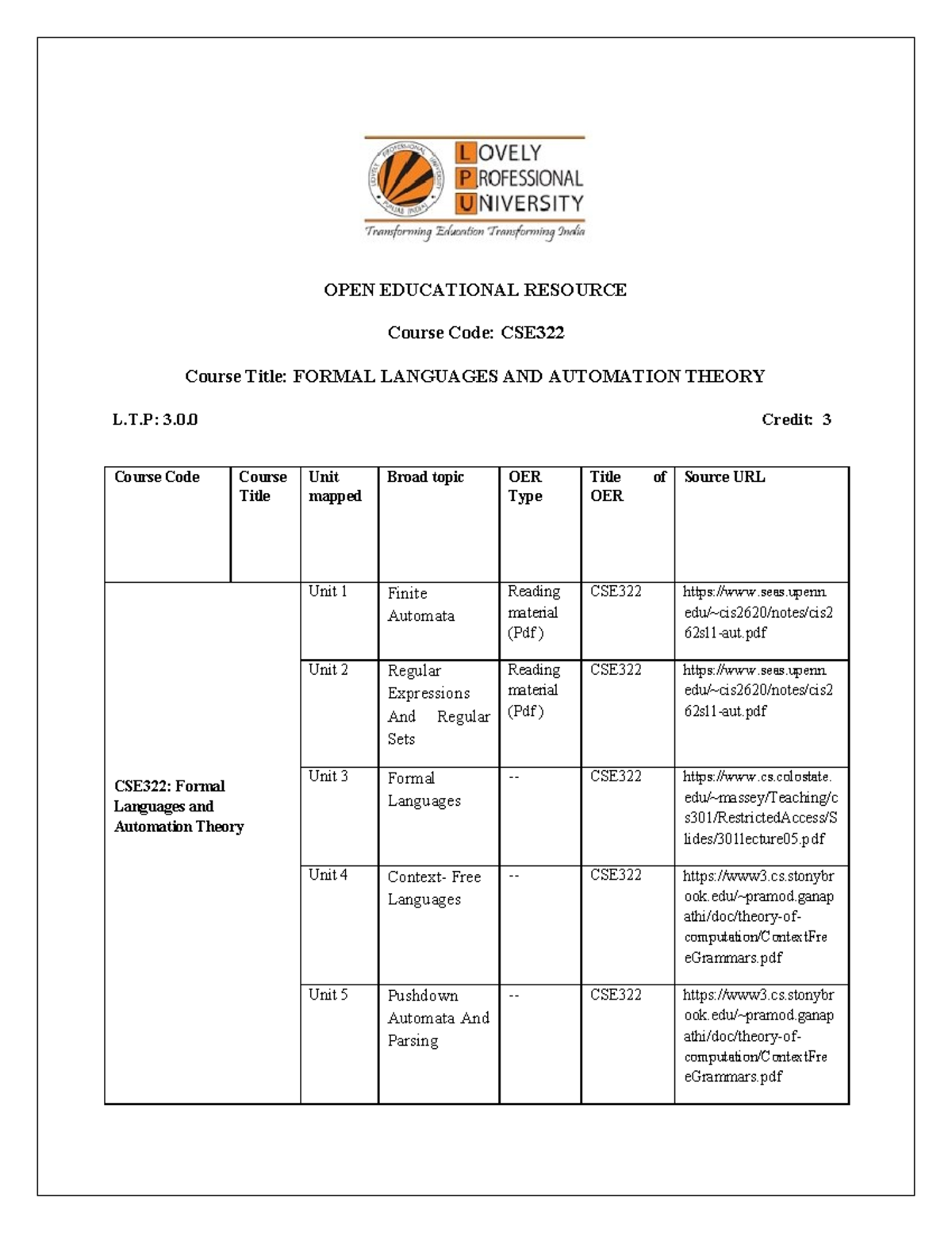 CSE322 OER - oer - OPEN EDUCATIONAL RESOURCE Course Code: CSE Course Title: FORMAL LANGUAGES AND ...