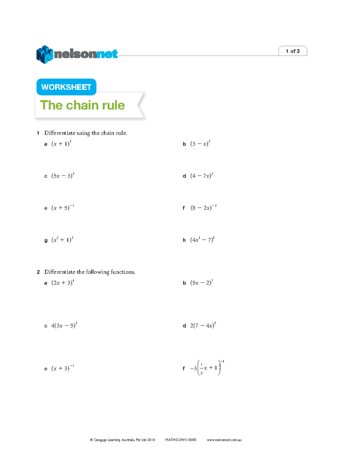 The Chain Rule - maths - 1 of 3 © Cengage Learning Australia Pty Ltd ...