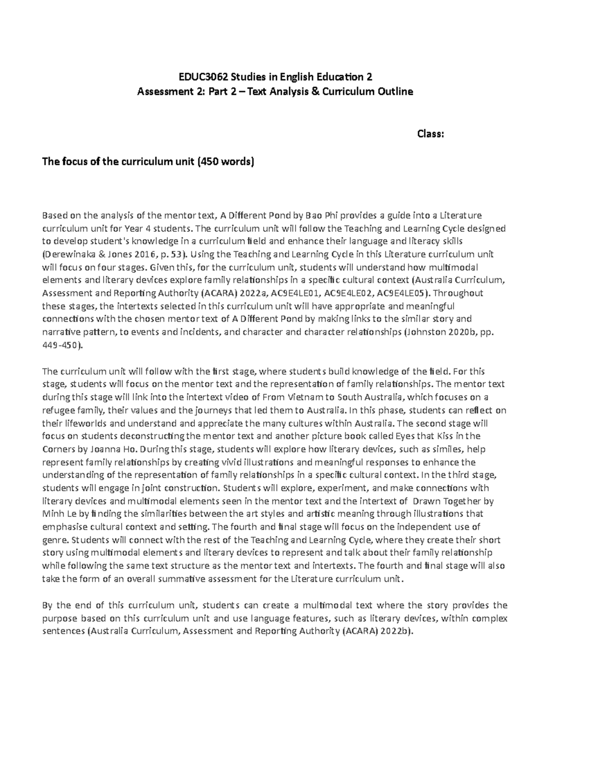 EDUC3062 Assessment 2 Part 2 Template - EDUC3062 Studies in English ...